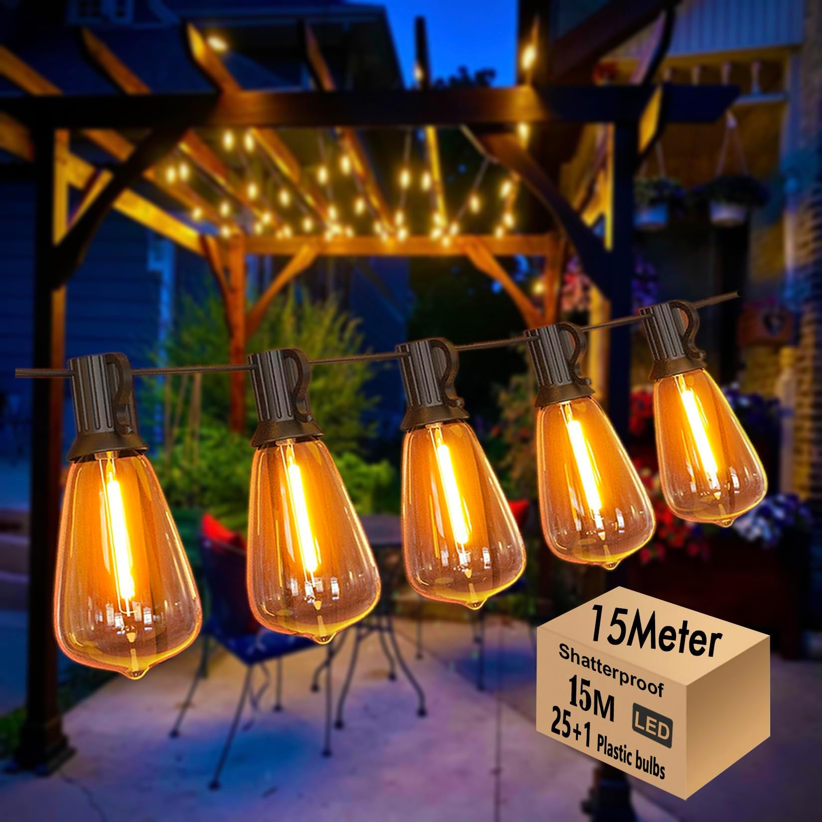 Skeerei 15M Festoon Lights Outdoor Mains LED Waterproof Garden String ...