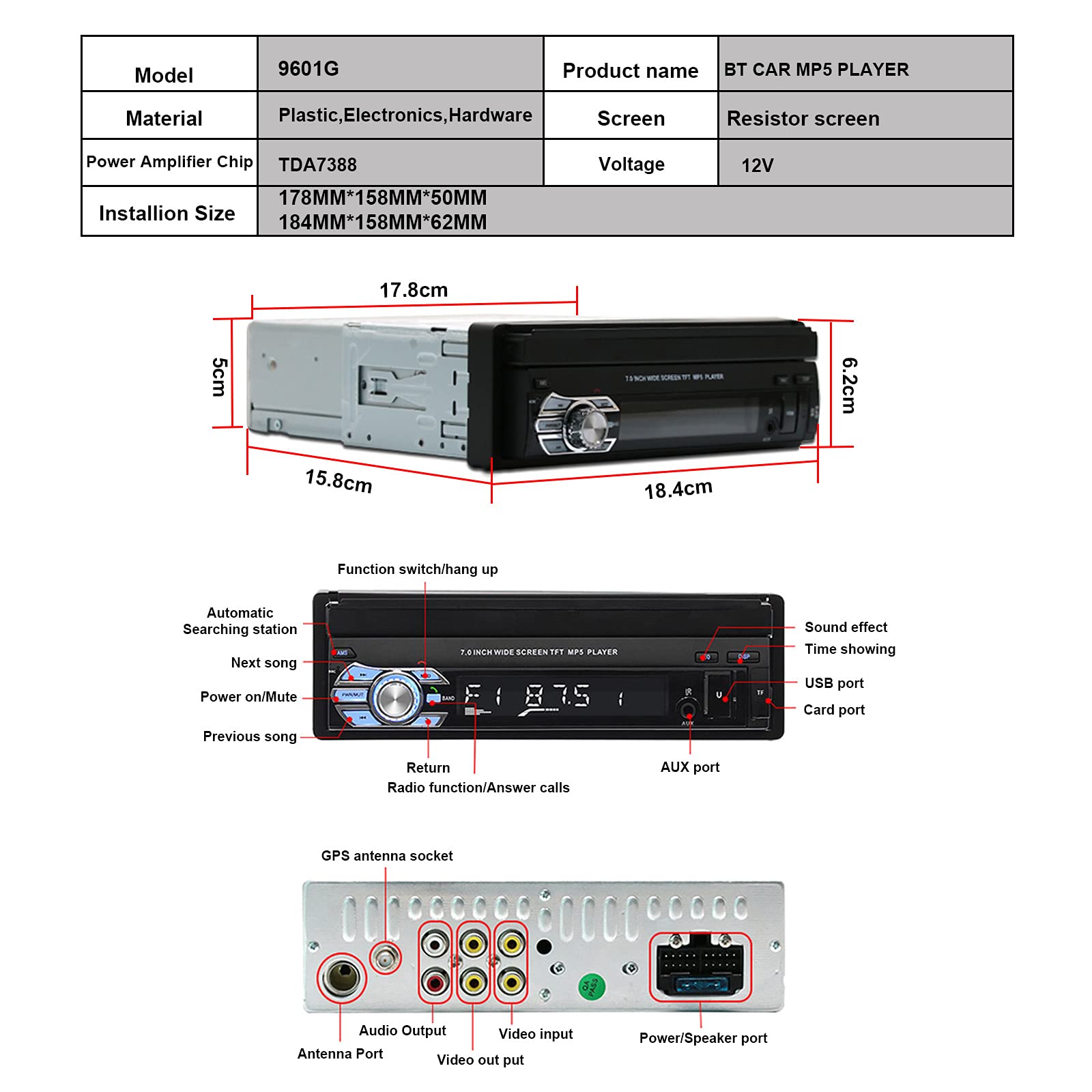 Bluetooth Car Radio GPS Navigation 1 Din 7" MP5 Player Retractable HD ...