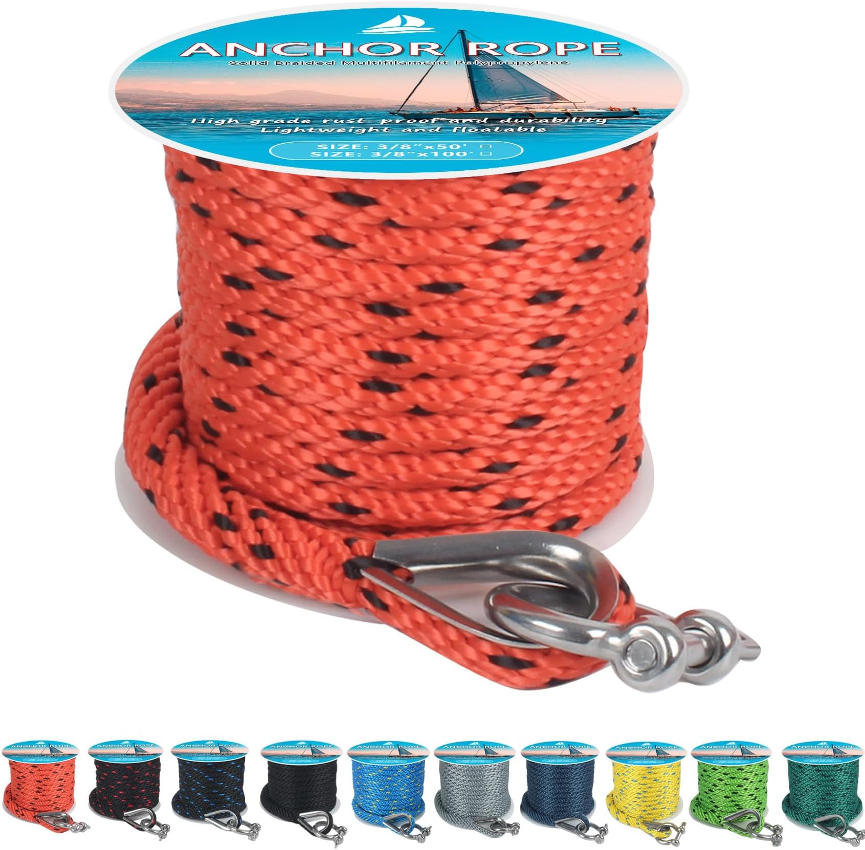 Amazon.com: Anchor Rope 50 ft x 3/8 inch, Premium Solid Braid MFP ...