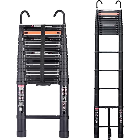 Telescoping Ladder Aluminum Collapsible Ladder with 2 Detachable Hooks ...