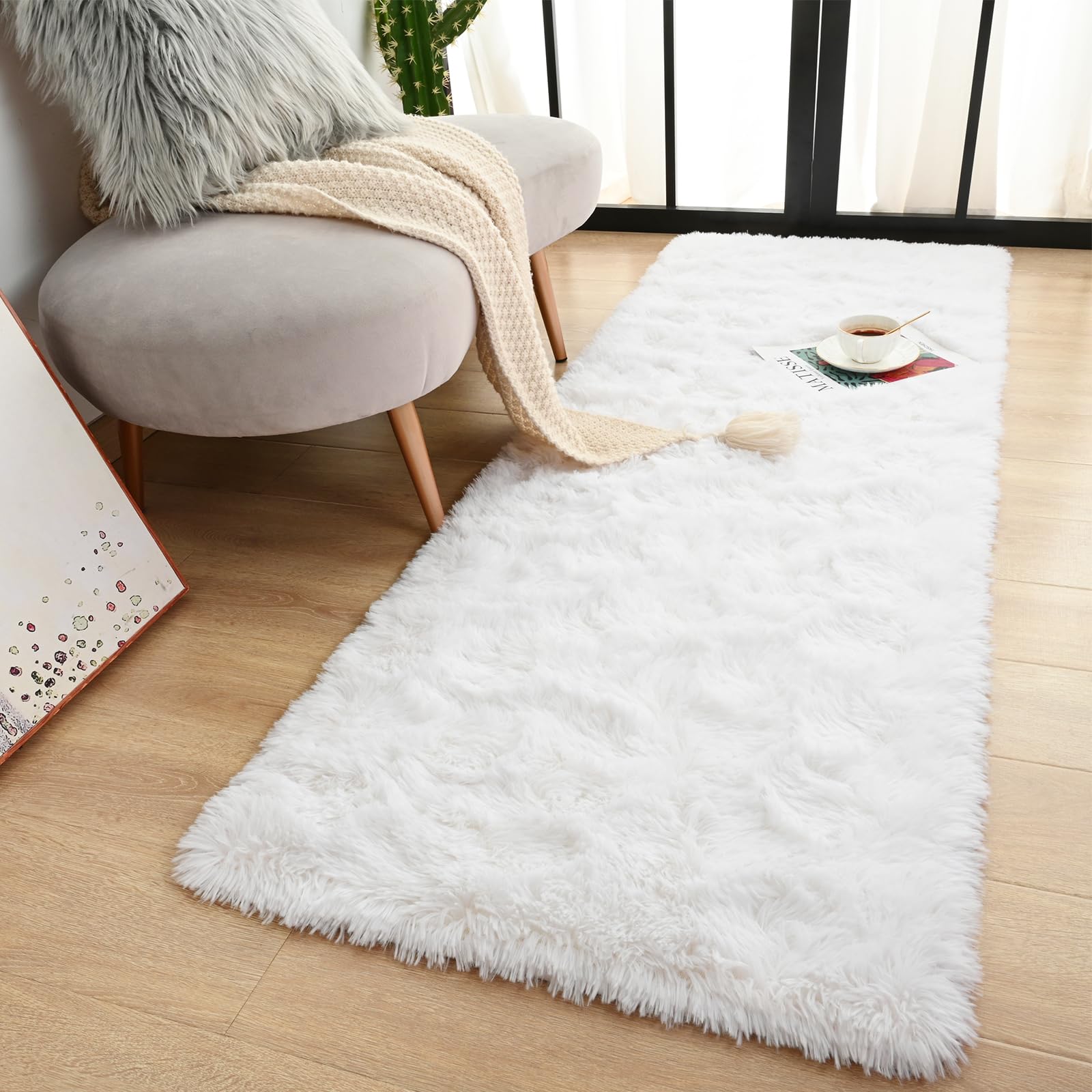 Amazon.com: Terrug Fluffy Runner Rug for Bedroom Living Room, 2x6 White ...