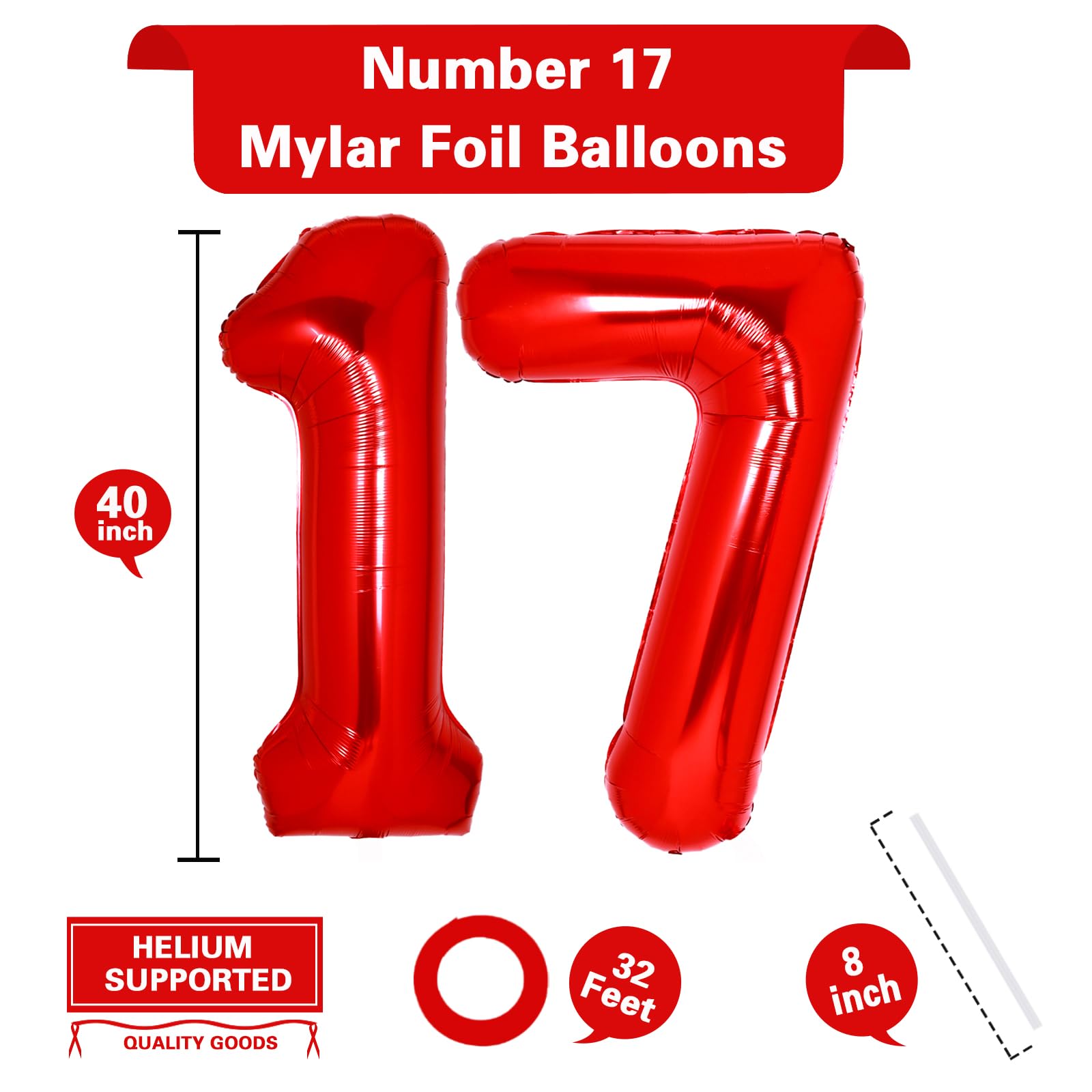 Snapklik.com : 40 Inch Giant Red Number 17 Balloon, Helium Mylar Foil ...
