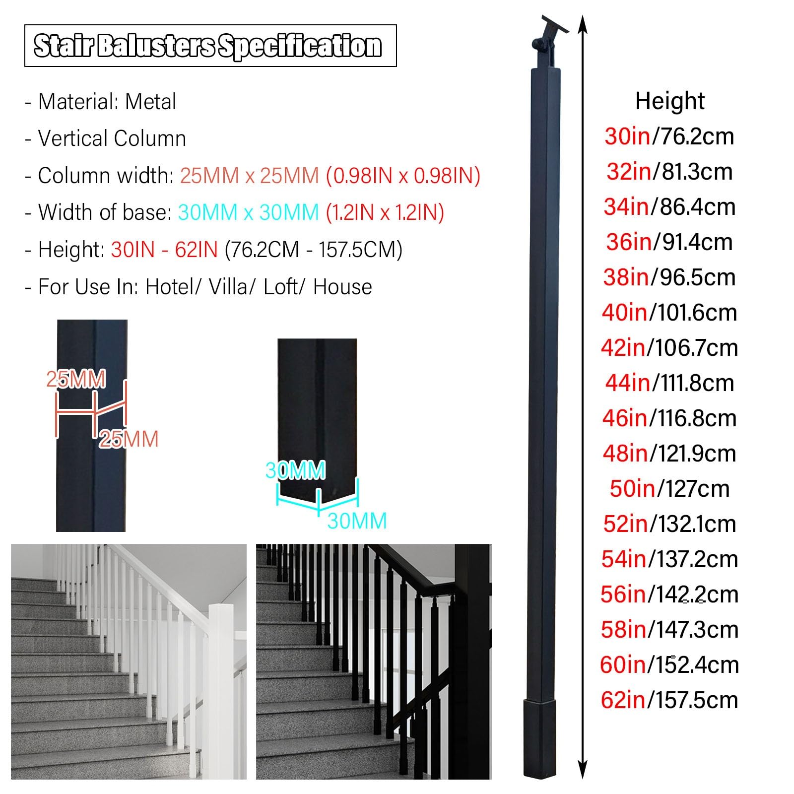 10 15 PCS Square Stair Baluster Interior, 270° Adjustable Staircase ...