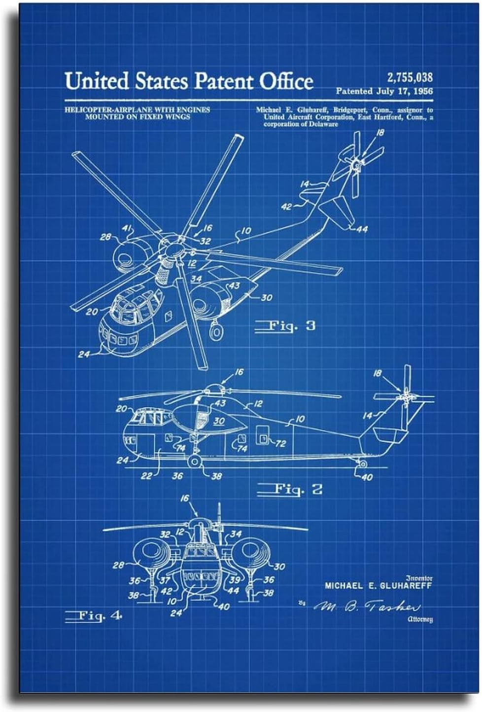 Amazon.com: 1956 Helicopter-Airplane Patent Print, Helicopter Blueprint ...