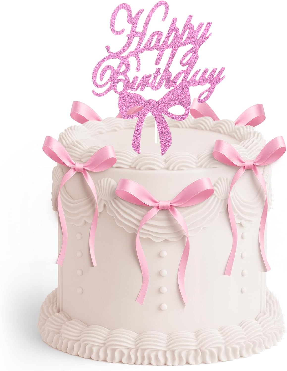 Amazon.com: Bow Cake Topper - Pink Ribbon Bow Cake Topper with Happy ...