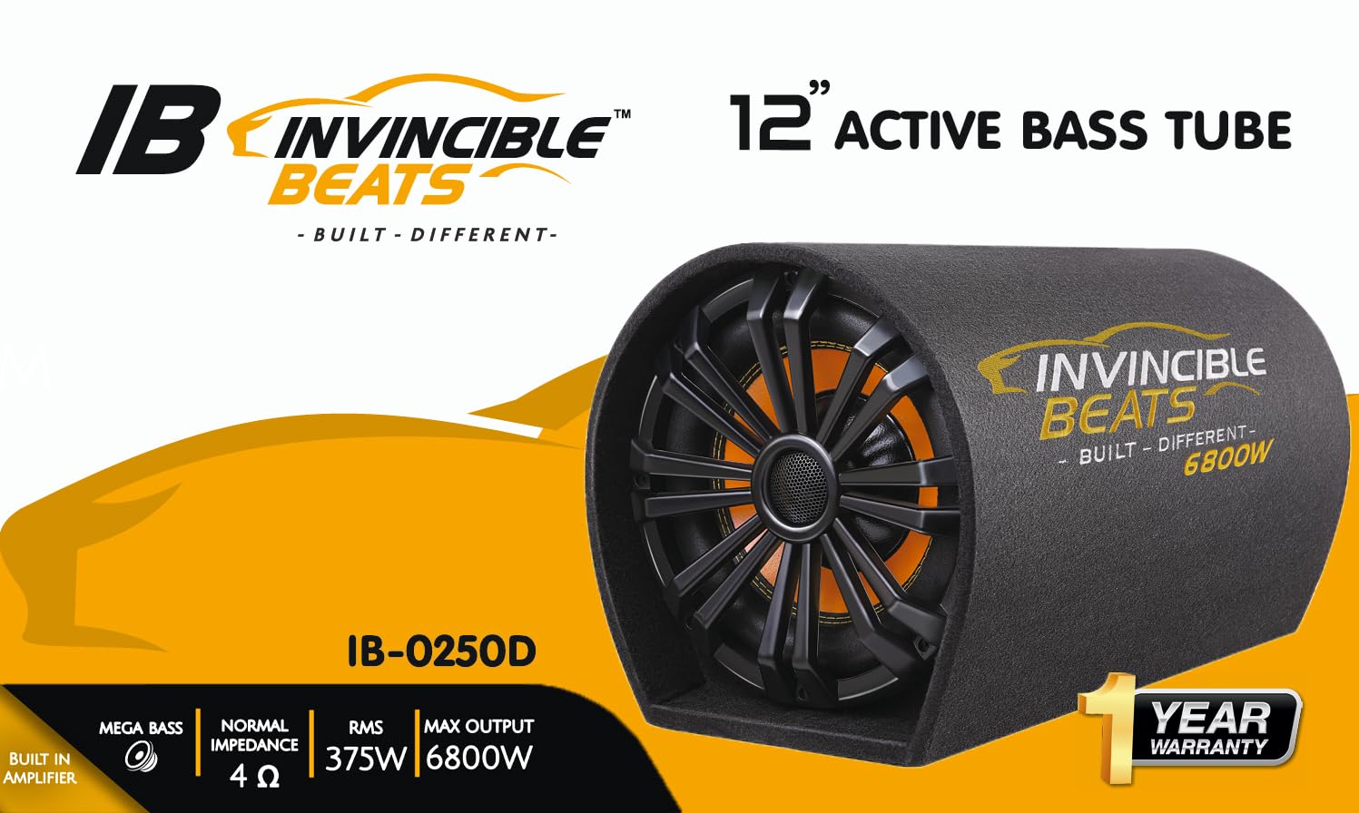 Invincible Beats 12" Active Bass Tube Subwoofer, 375W RMS, 6800W Max ...