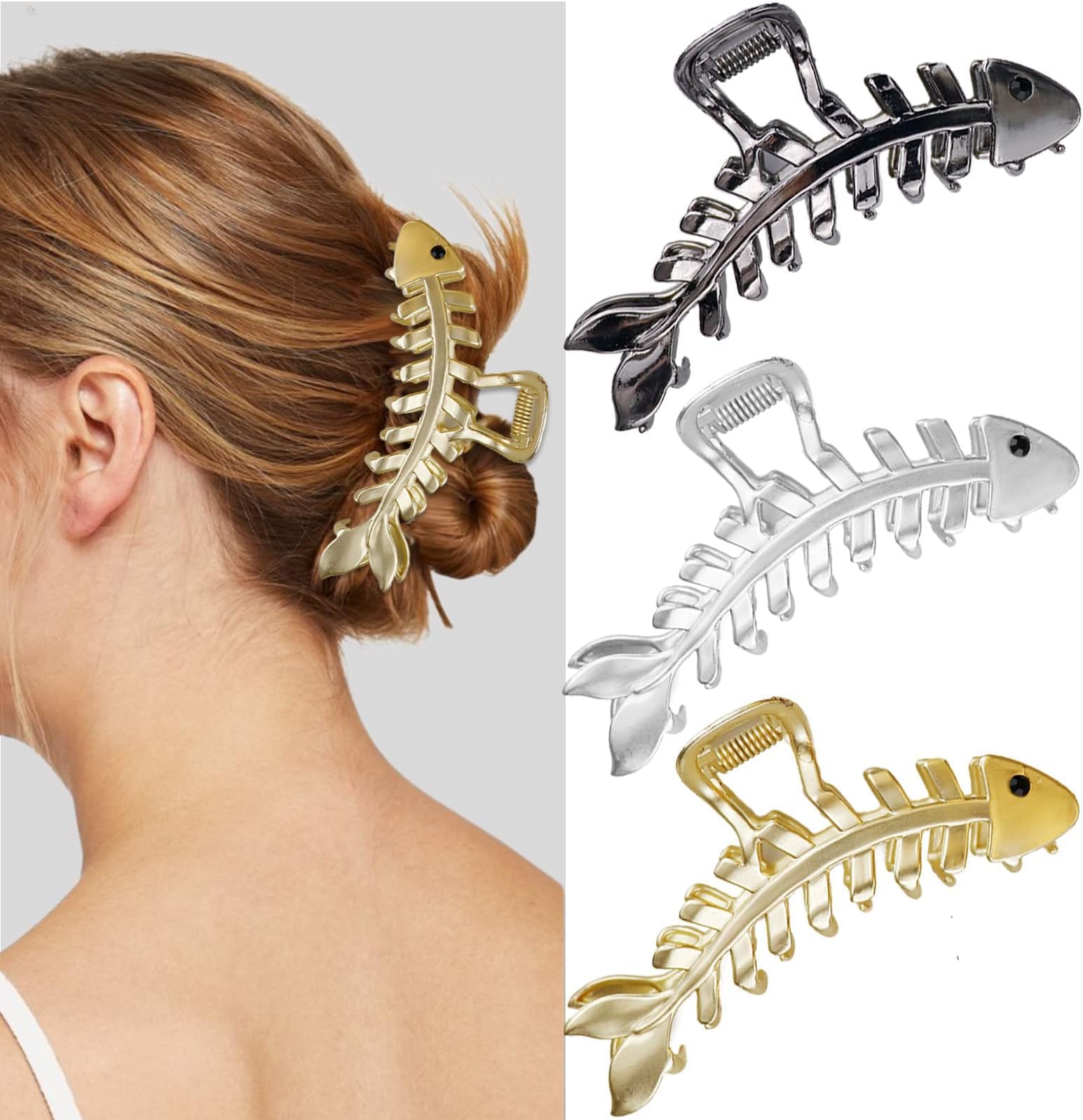 Amazon.com : 3 PACK Large Metal Hair Claw Clips Fish Bone Shape Hairpin ...