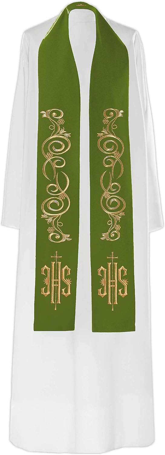 Amazon.com: Clergy Stole with rich Embroidered IHS Symbol Green Stole ...