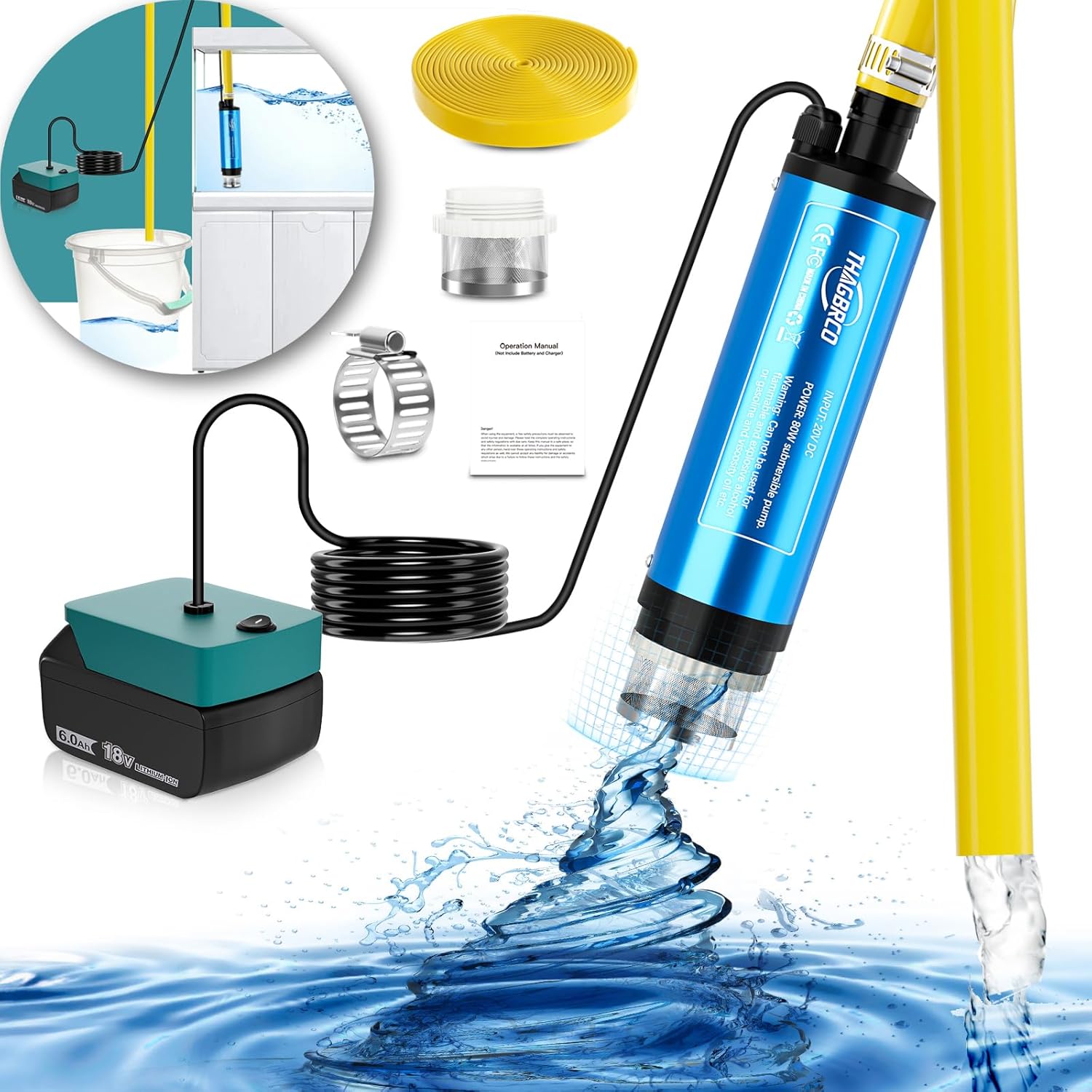 400 GPH Small Submersible Pump for Makita 18V Li-Ion Battery,20V DC ...