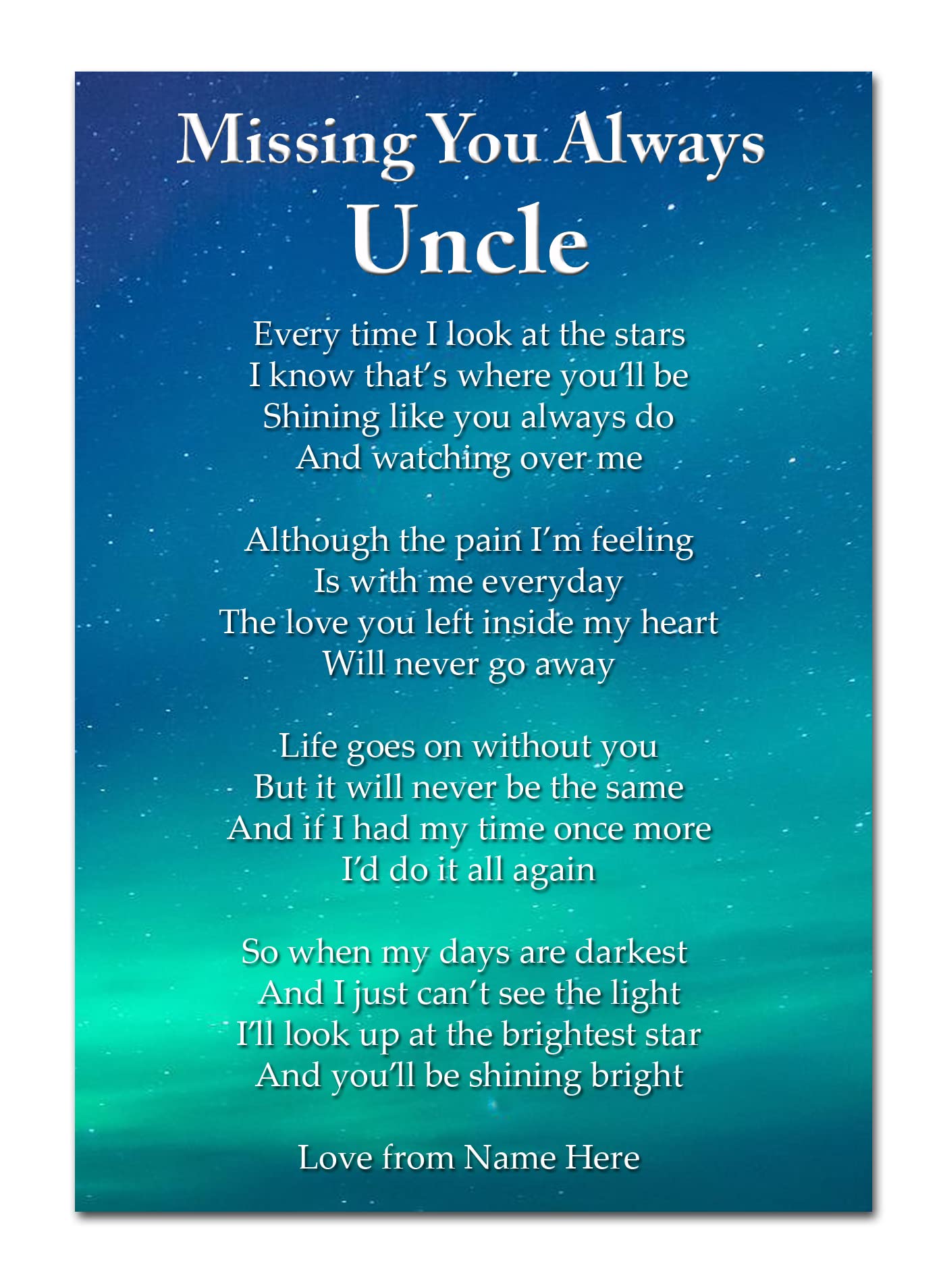 Personalised Missing You Always Uncle Memorial Card Funeral Graveside ...