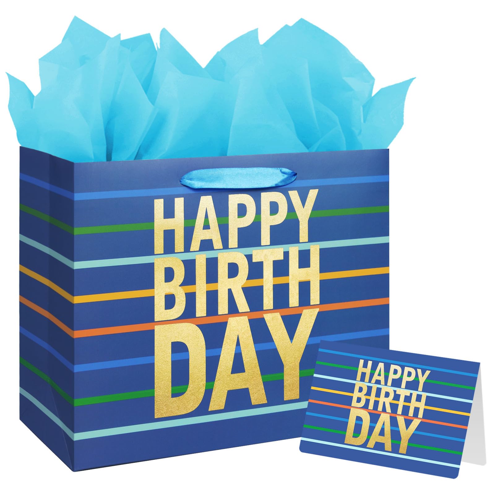 Amazon.com: 13" Large Blue Gift Bag with Tissue Paper, Card and Handles ...