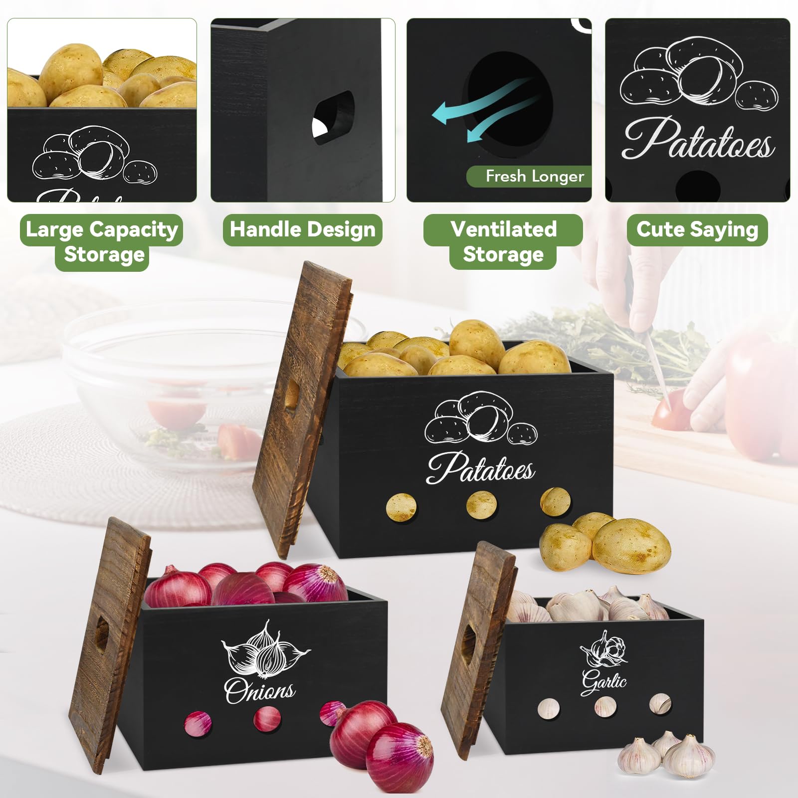 Potato and Onion Storage Bin, Wood Garlic Storage Canisters for Kitchen ...