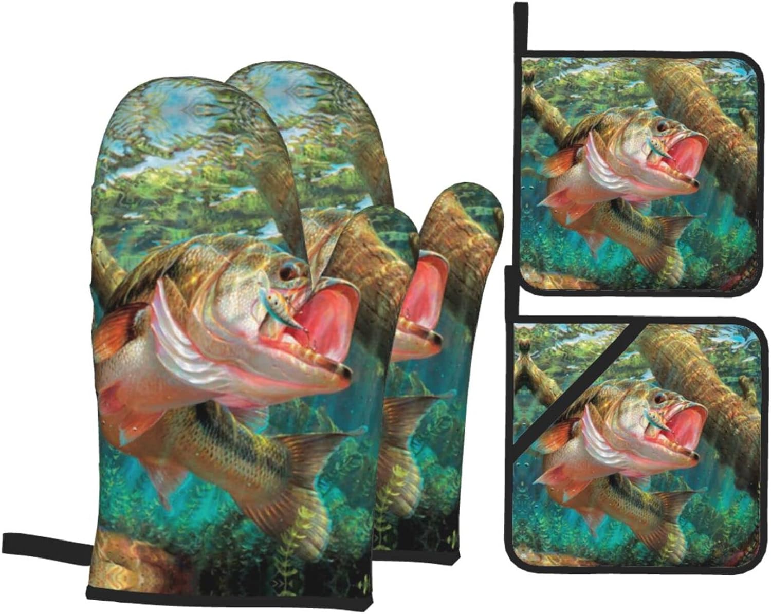 Amazon.com: Bass Fish Oven Mitts and Pot Holders Sets 4 Pcs Set, Heat ...