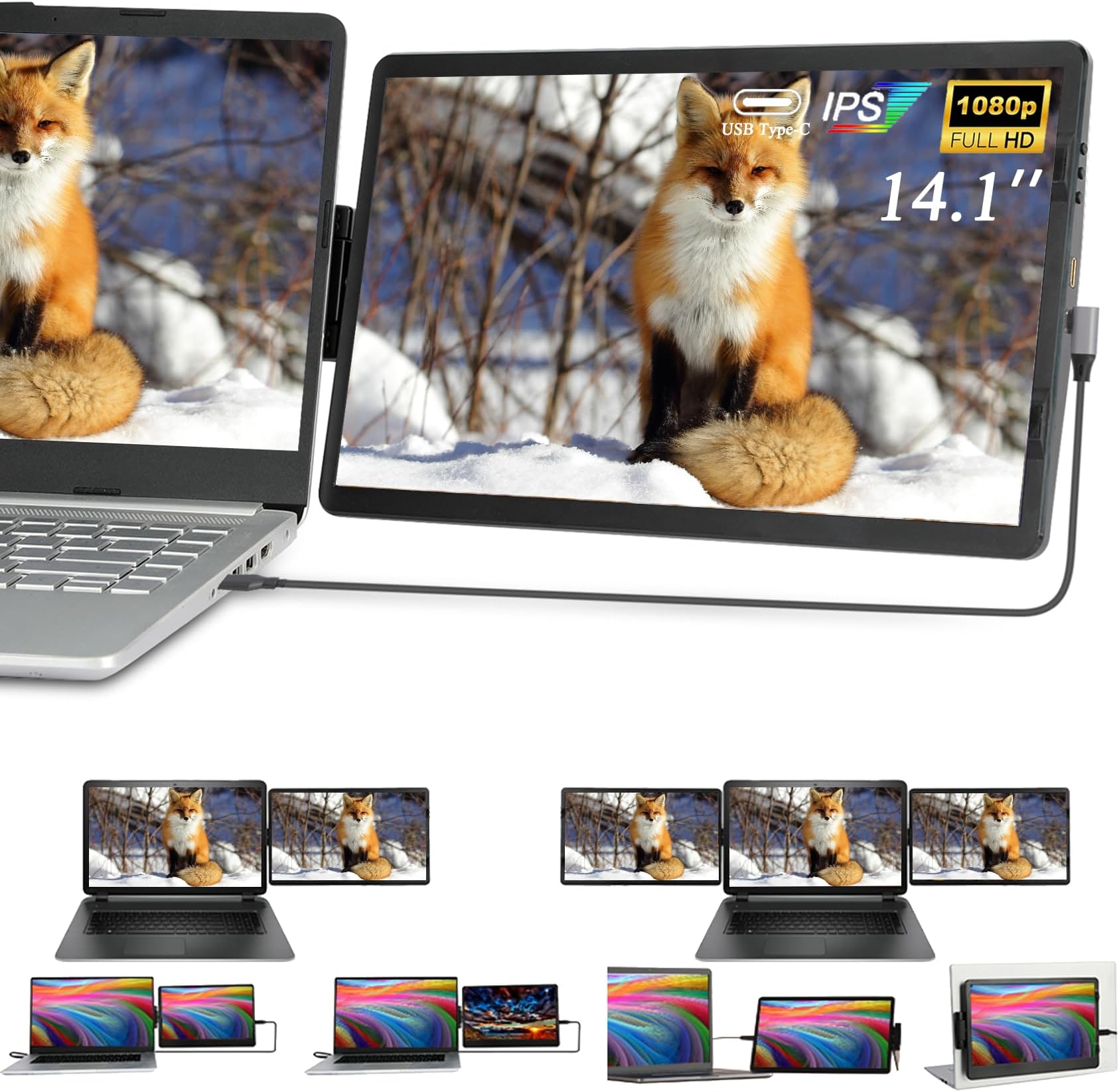 Portable Monitor for Laptop, 14.1" FHD IPS Rotating Screen Extender ...