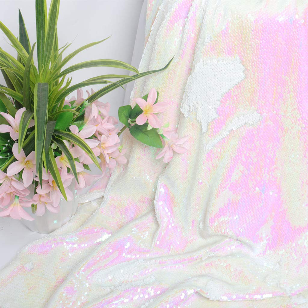 ShinyBeauty Sequin Fabric by The Yard Mermaid Fabric Iridescent White ...