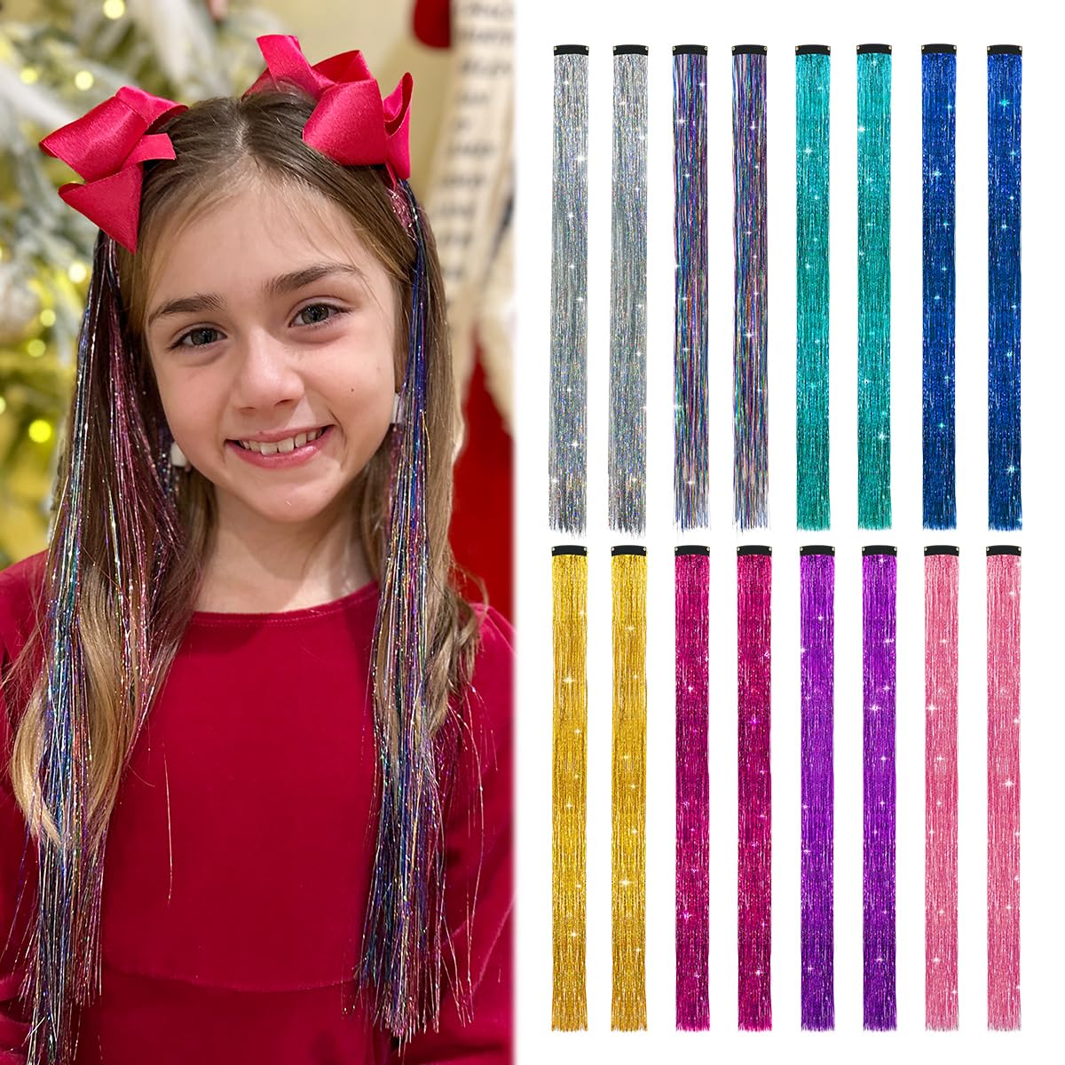 Amazon.com : MYKURS Hair Tinsel Clip ins, Glitter Hair Strands for Kids ...