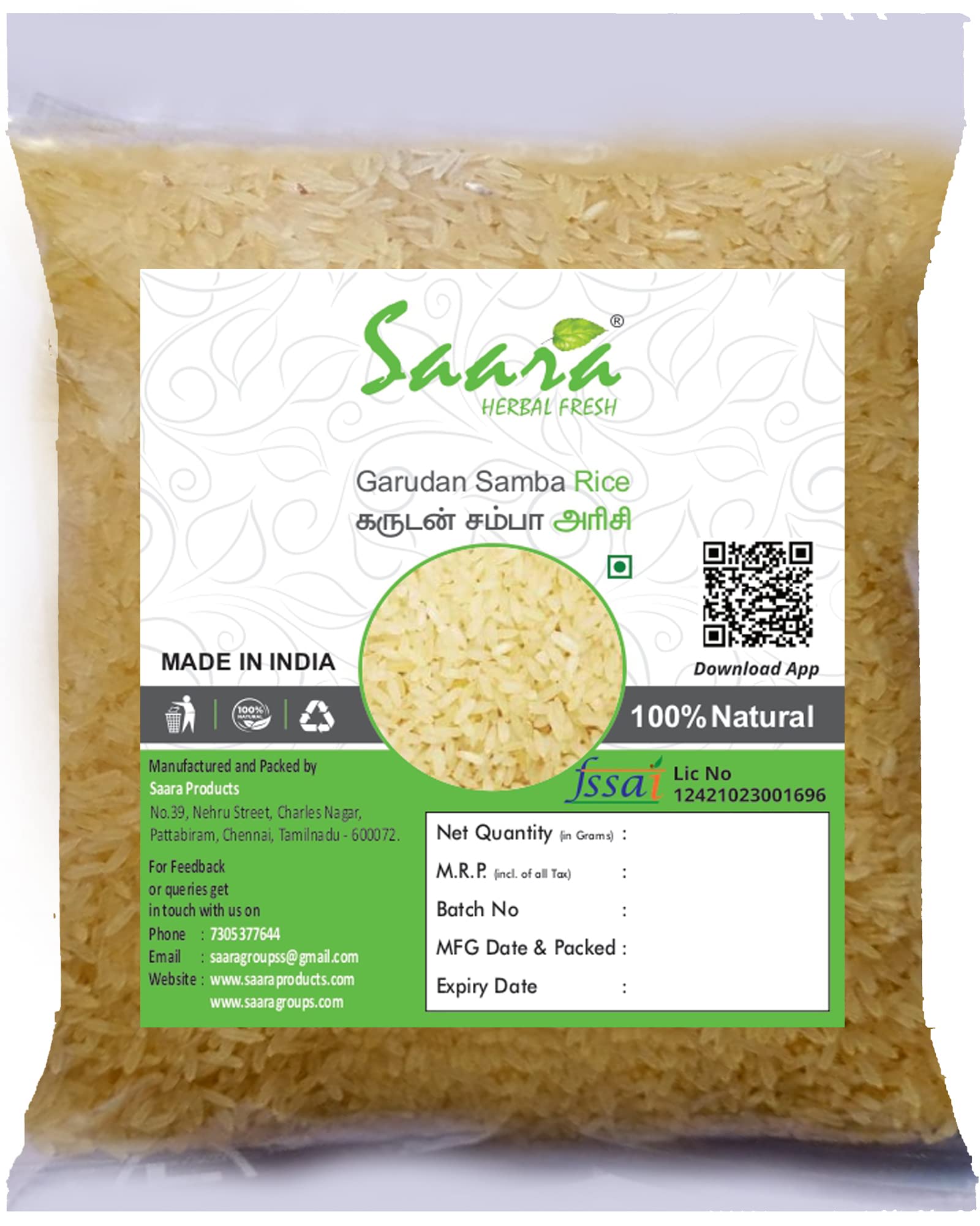 Saara HERBAL FRESH Garudan Samba Rice, 8.950 Kg, Kadaikazhuthan Rice ...