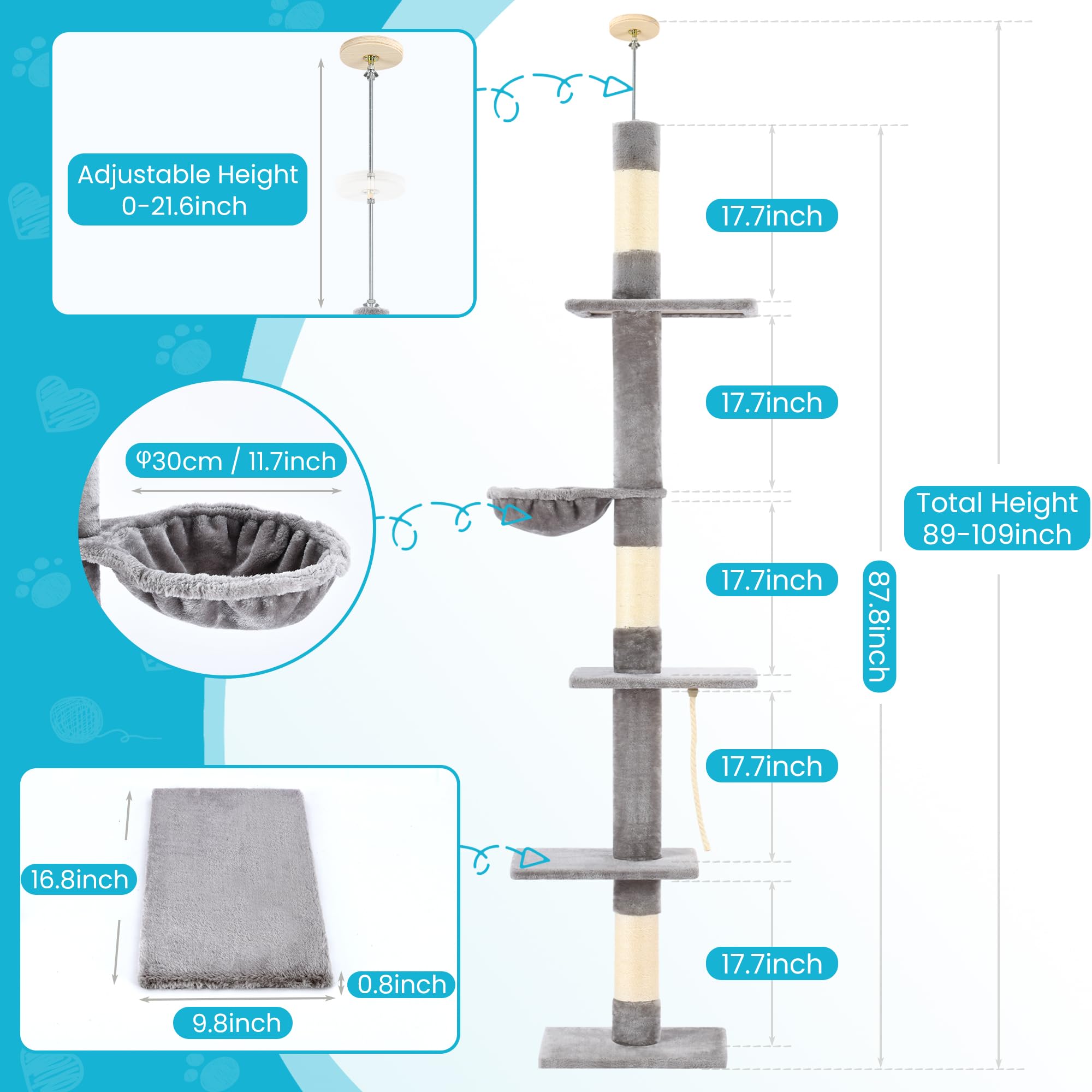 5-Tier Cat Tree, 89-109 Inch Adjustable Height, Sisal Scratching Post ...