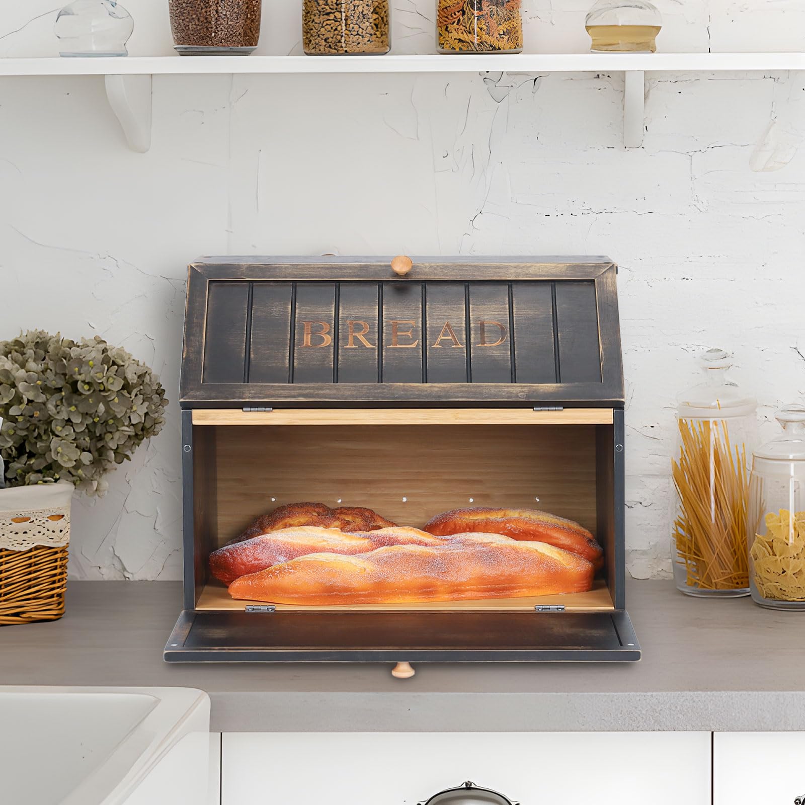 HOMEKOKO Double Layer Large Bread Box for Kitchen Counter, Retro Design ...