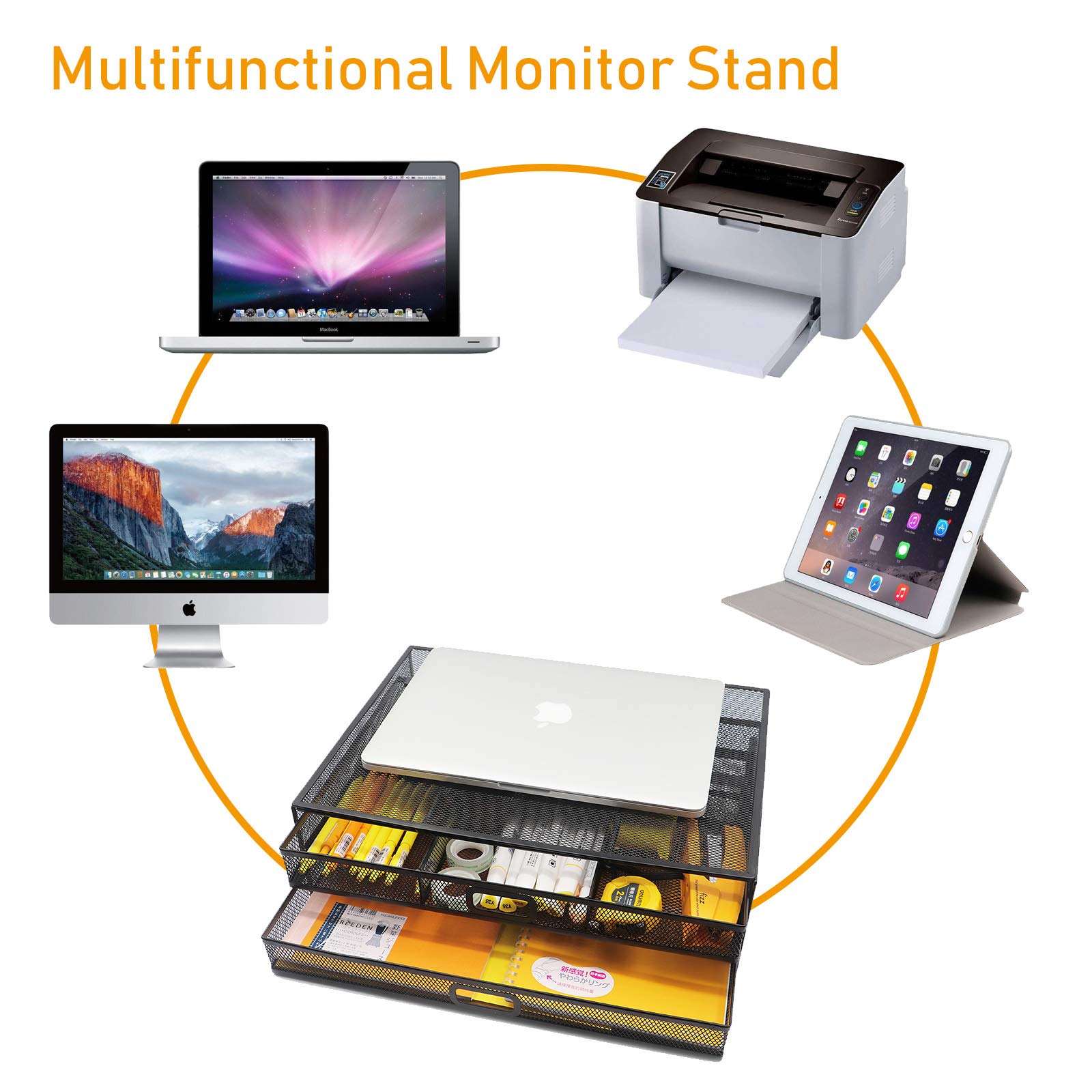 Monitor Stand Riser with Drawer - Metal Mesh Laptop Desk Organizer with ...