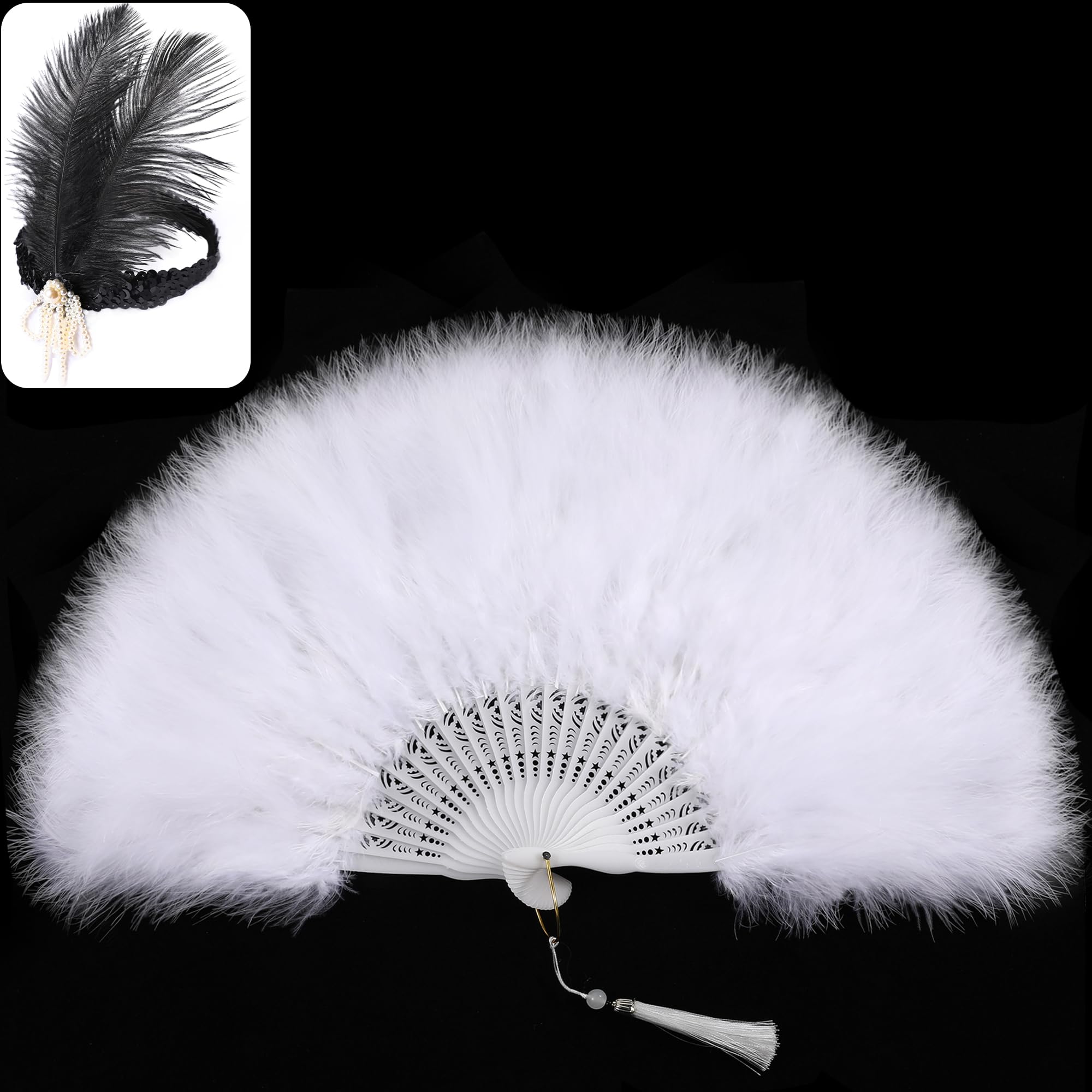 Amazon.com: SOGUGOM White Feather Fan with Headband - Renaissance Fan ...