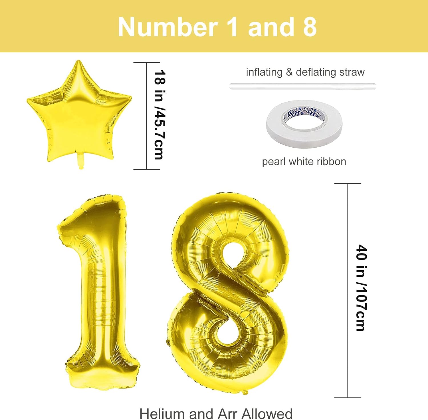 40 Inch Gold Numbers Balloons 18, Number 18 Helium Balloons, Foil Mylar ...