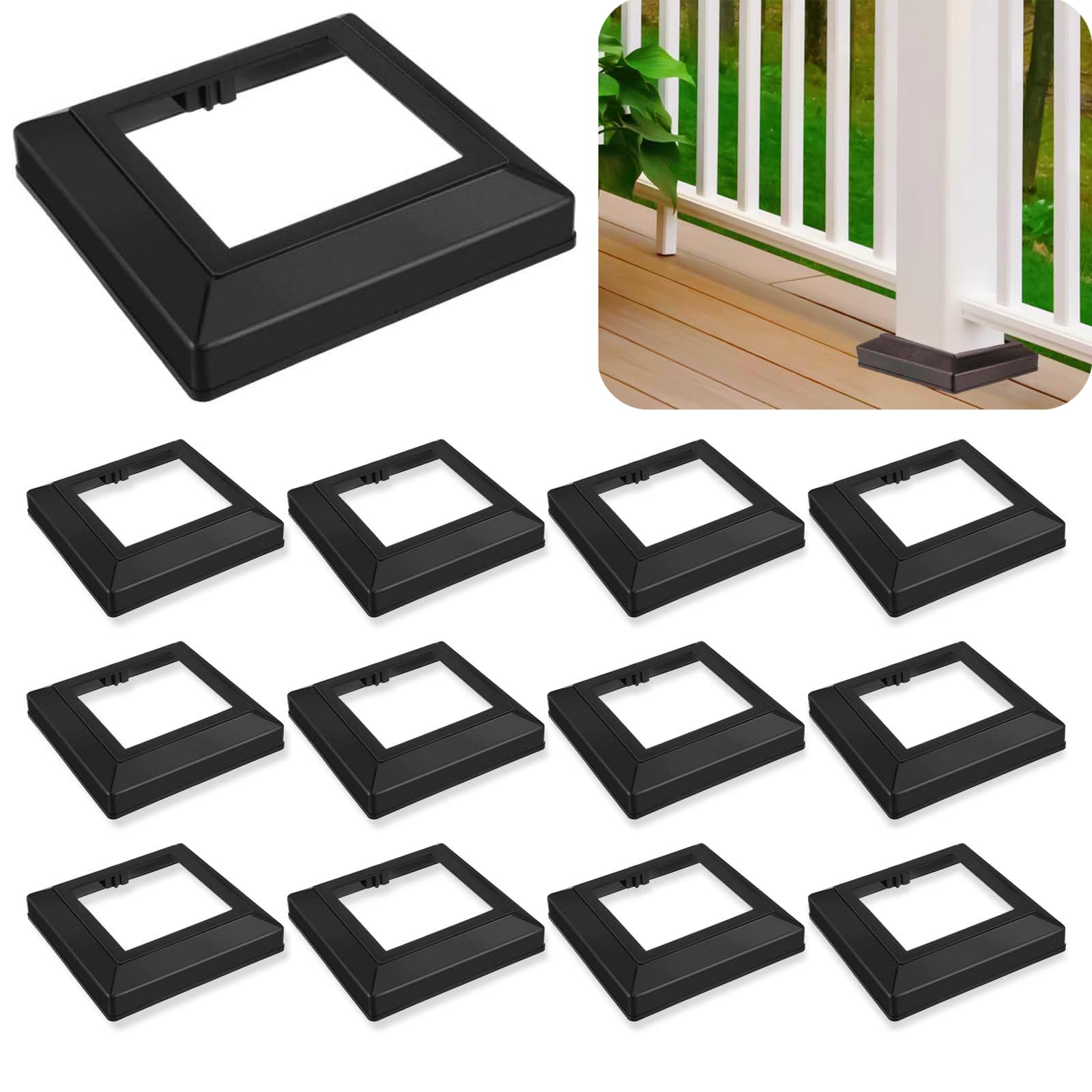 12 Pcs PVC Post Skirt, 4 x 4 Inch Black Deck Post Base Cover, Post Base ...