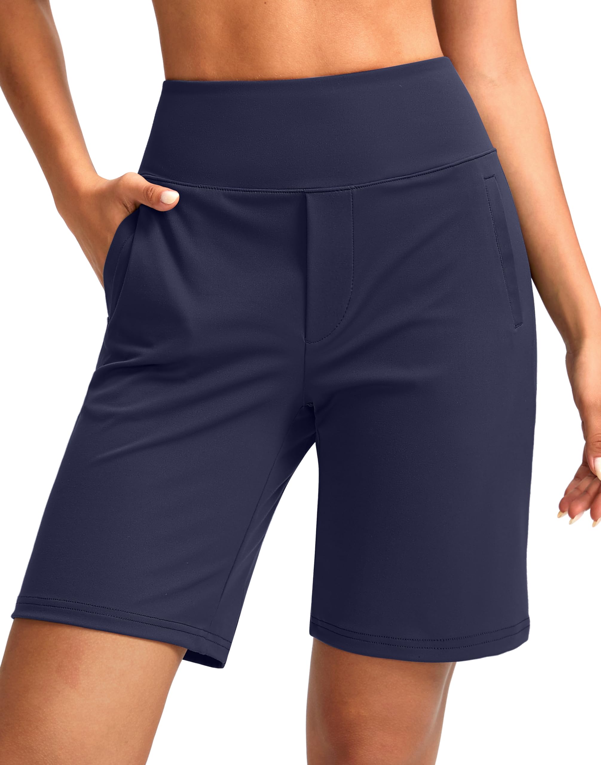 SANTINY Women's 9" High Waisted Bermuda Shorts with 4 Pockets Knee ...