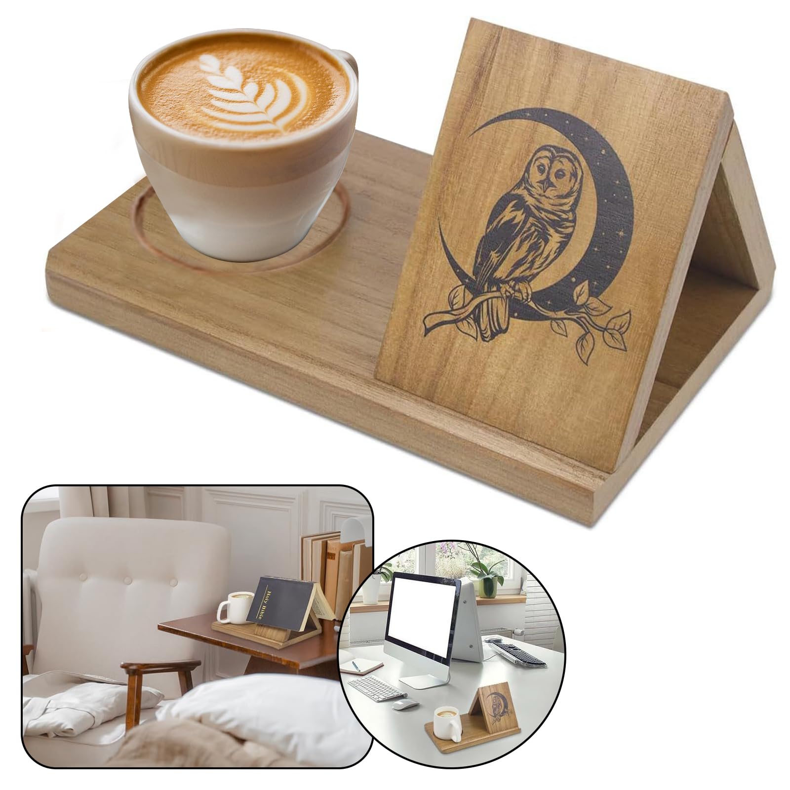 Wooden Book Rest with Cup Holder Owl Book Stand for Reading Solid Oak ...