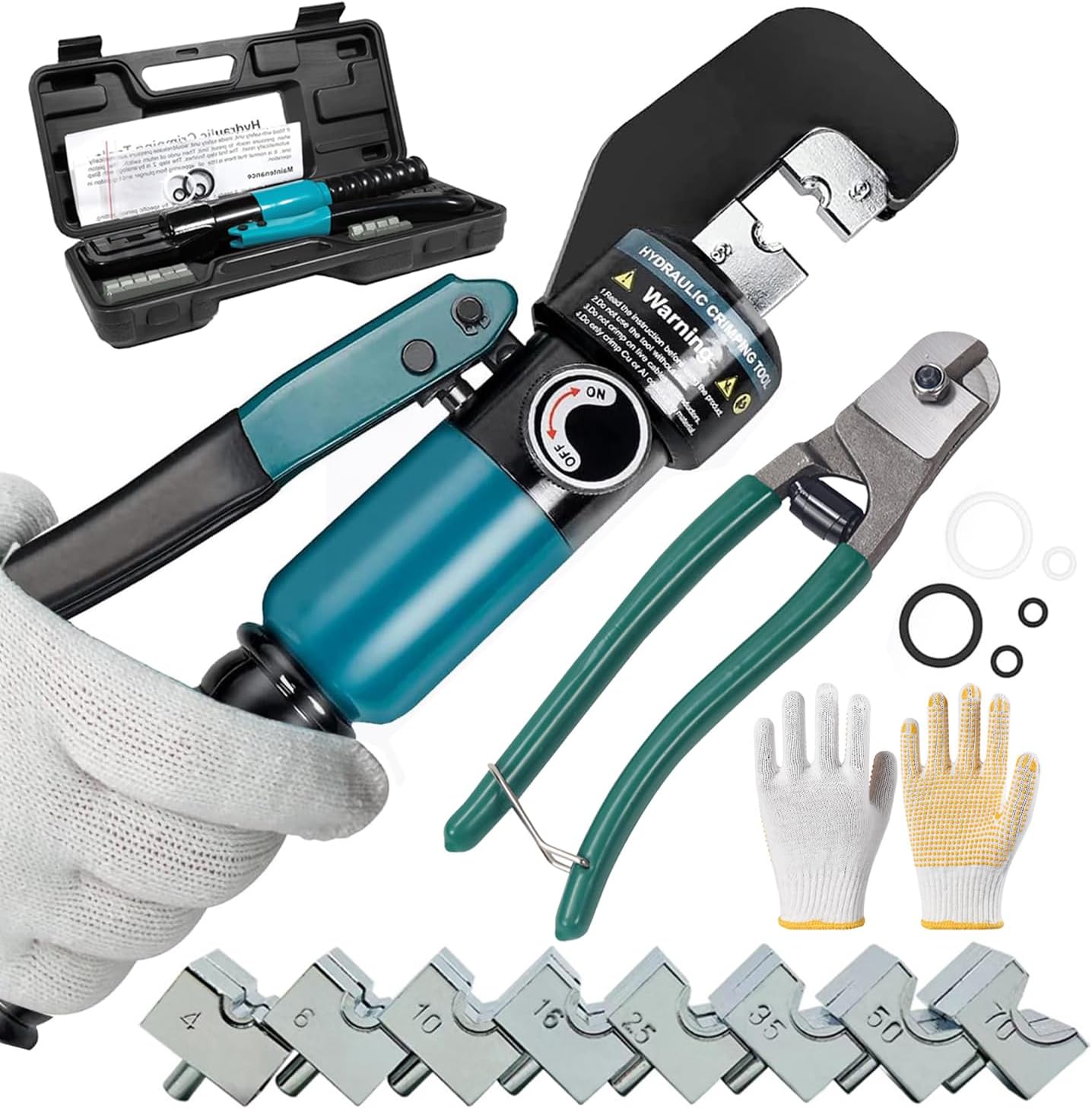 Hydraulic Crimping Tool Kit with 9 Dies & Cutter - Battery Terminal ...