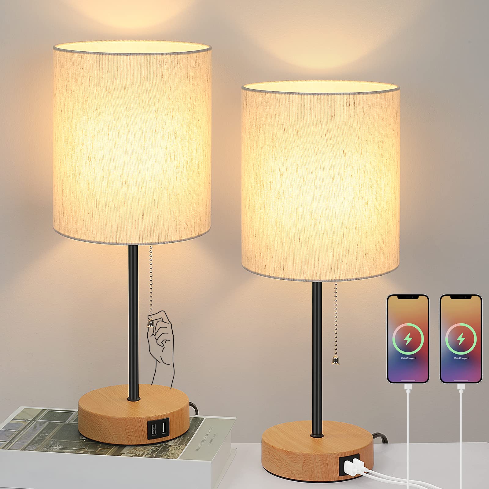 Table Lamps Set of 2 with USB Charging Ports, Bedside Lamps with AC ...