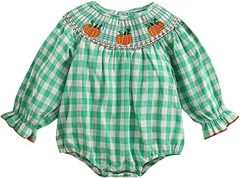 Amazon.com: Newborn Baby Girl Halloween Romper Plaid Pumpkin Embroidery Long Puff Sleeve Smocked ...