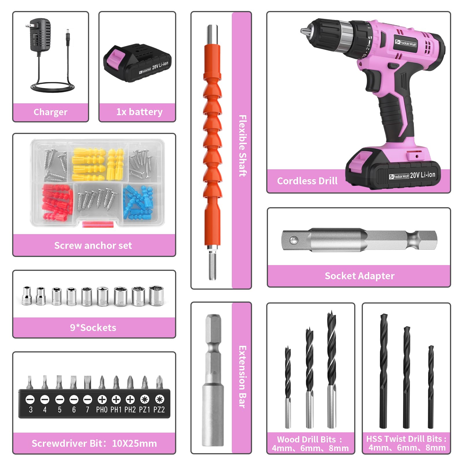 Cordless Drill Set, 20V Electric Power Drill with Battery And Charger ...