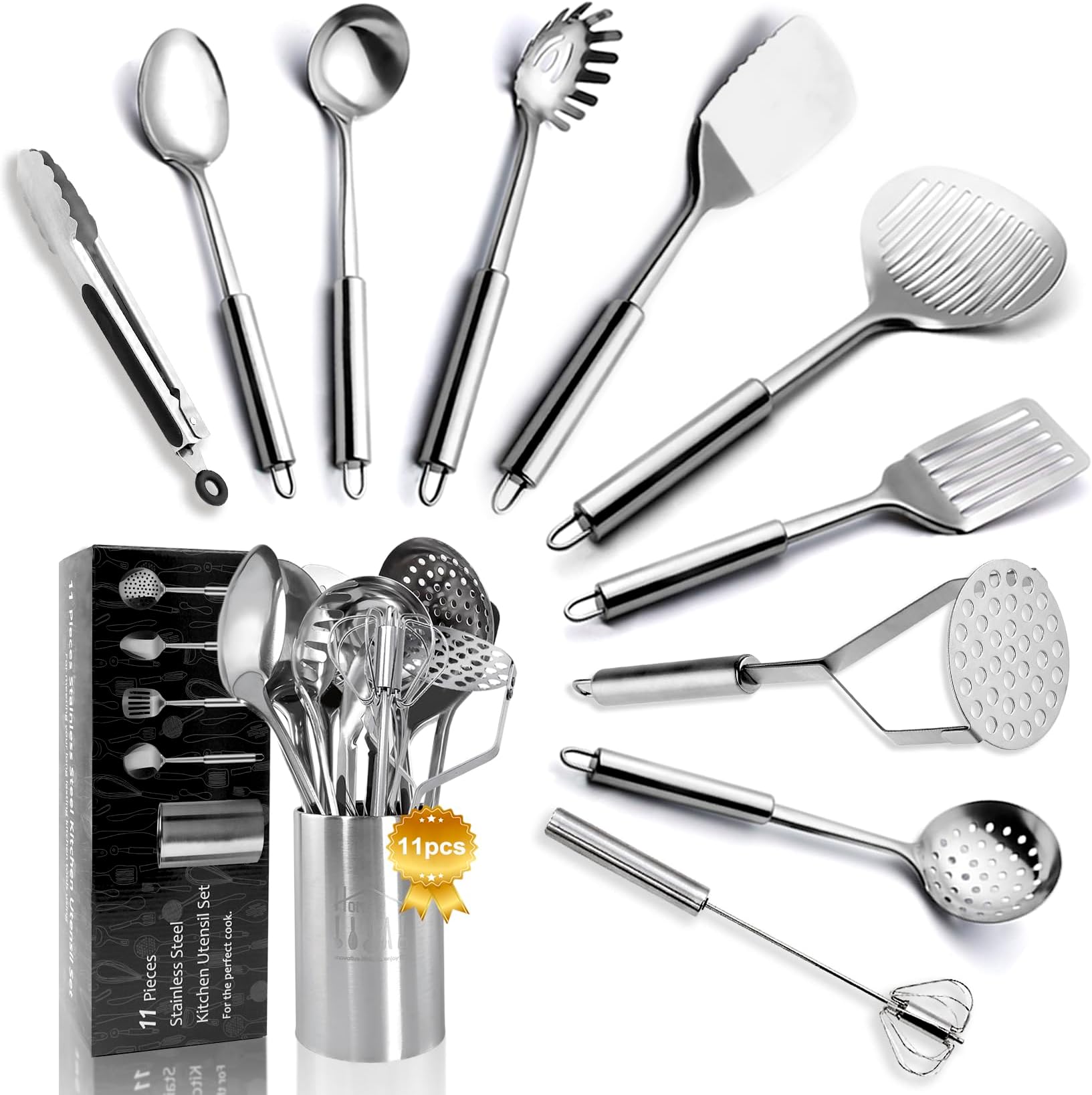 Amazon.com: Stainless Steel Kitchen Utensils Set - 11pcs Cooking ...