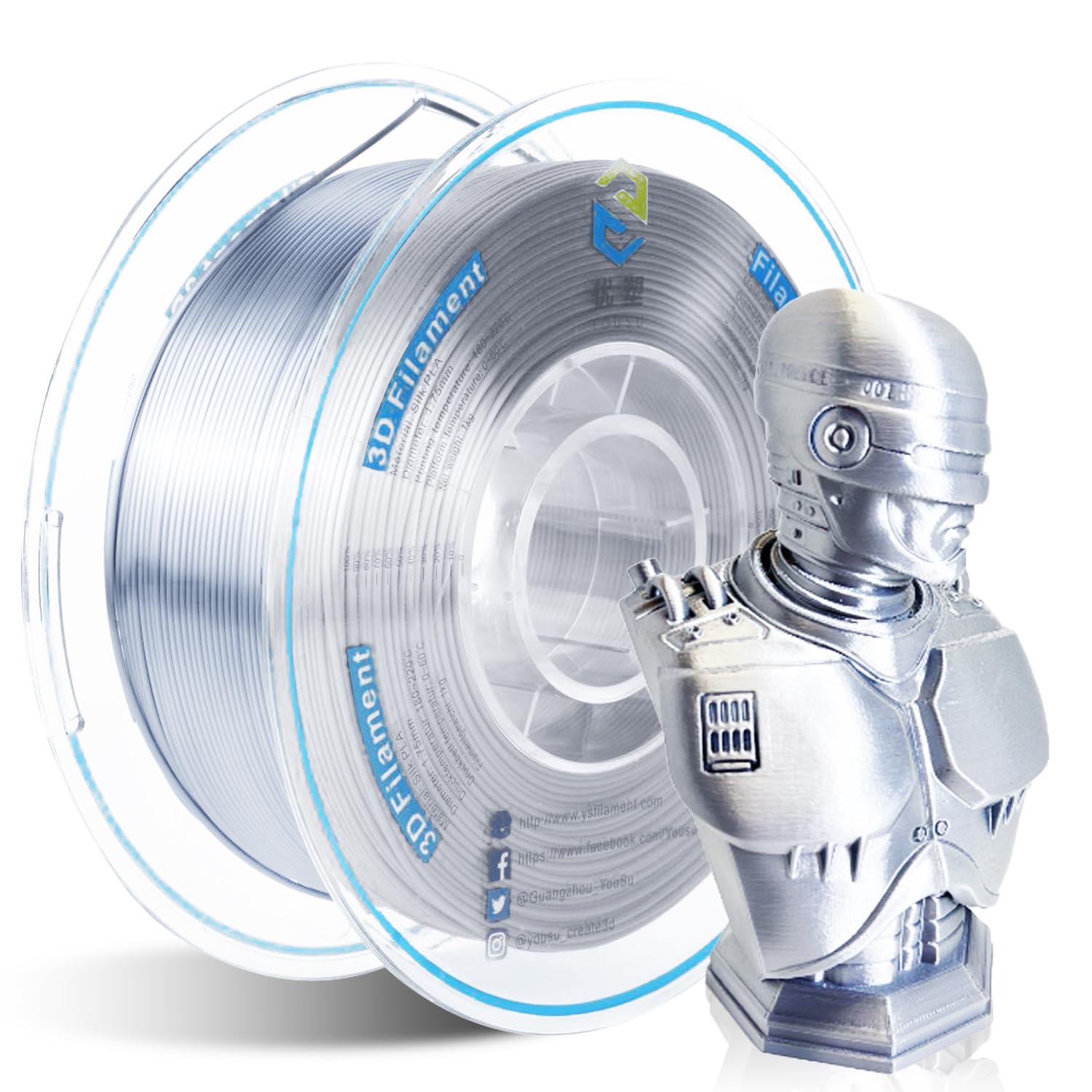 YOUSU Silk Silver 3D Printer Filament ，Silk PLA Filament 1.75mm with ...