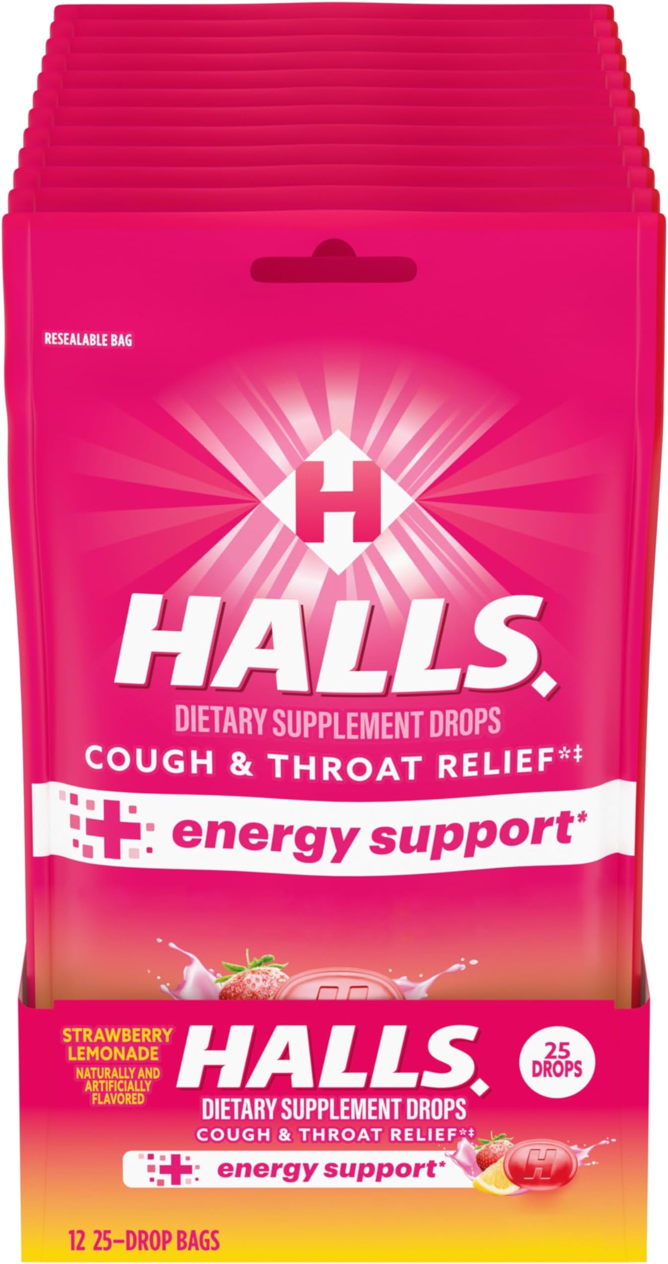 Amazon.com : Halls Relief + Energy Support, Strawberry Lemonade Cough ...