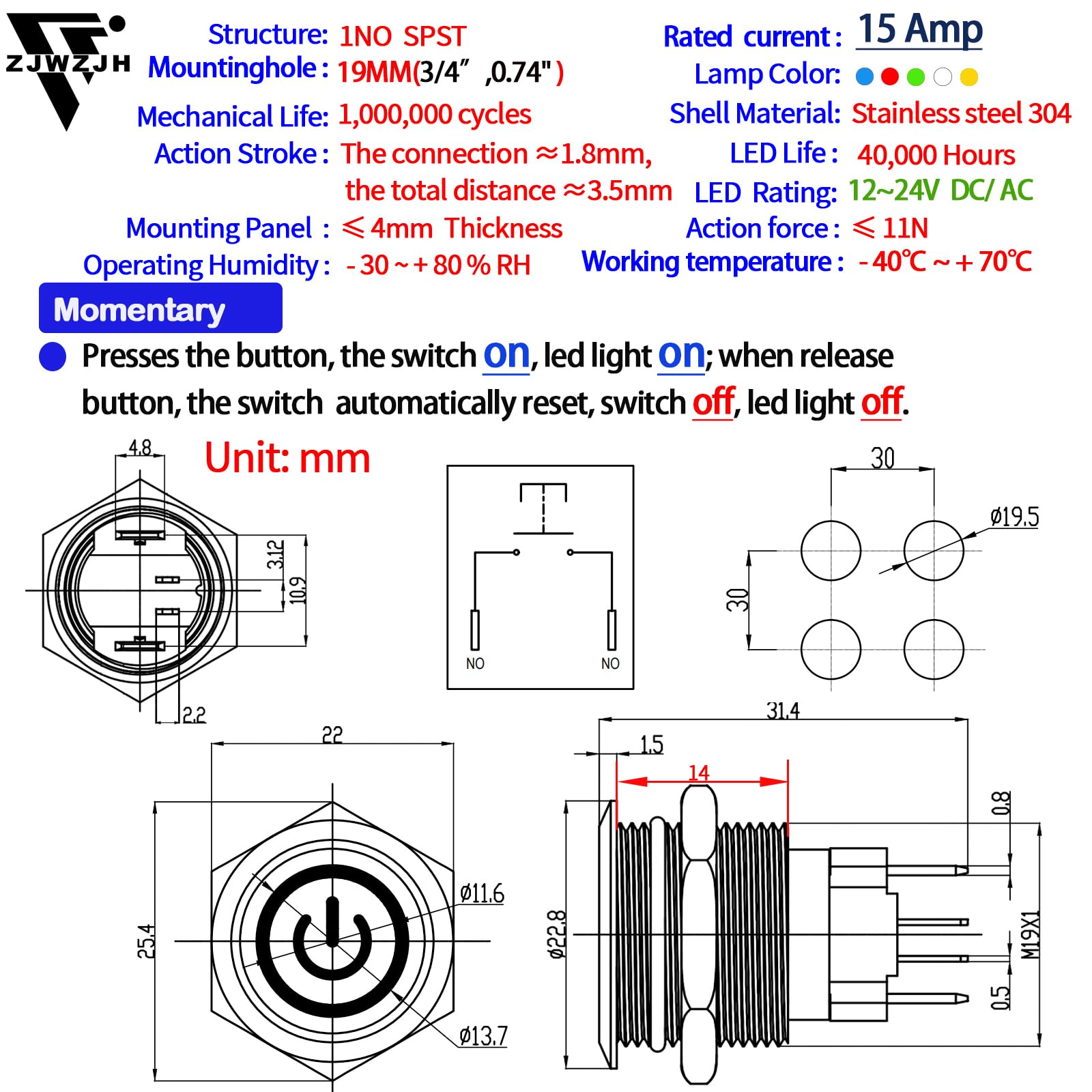Snapklik.com : 15Amp IP67 Waterproof 19mm Latching Push Button Switch 12V-24V DC Power Button ...