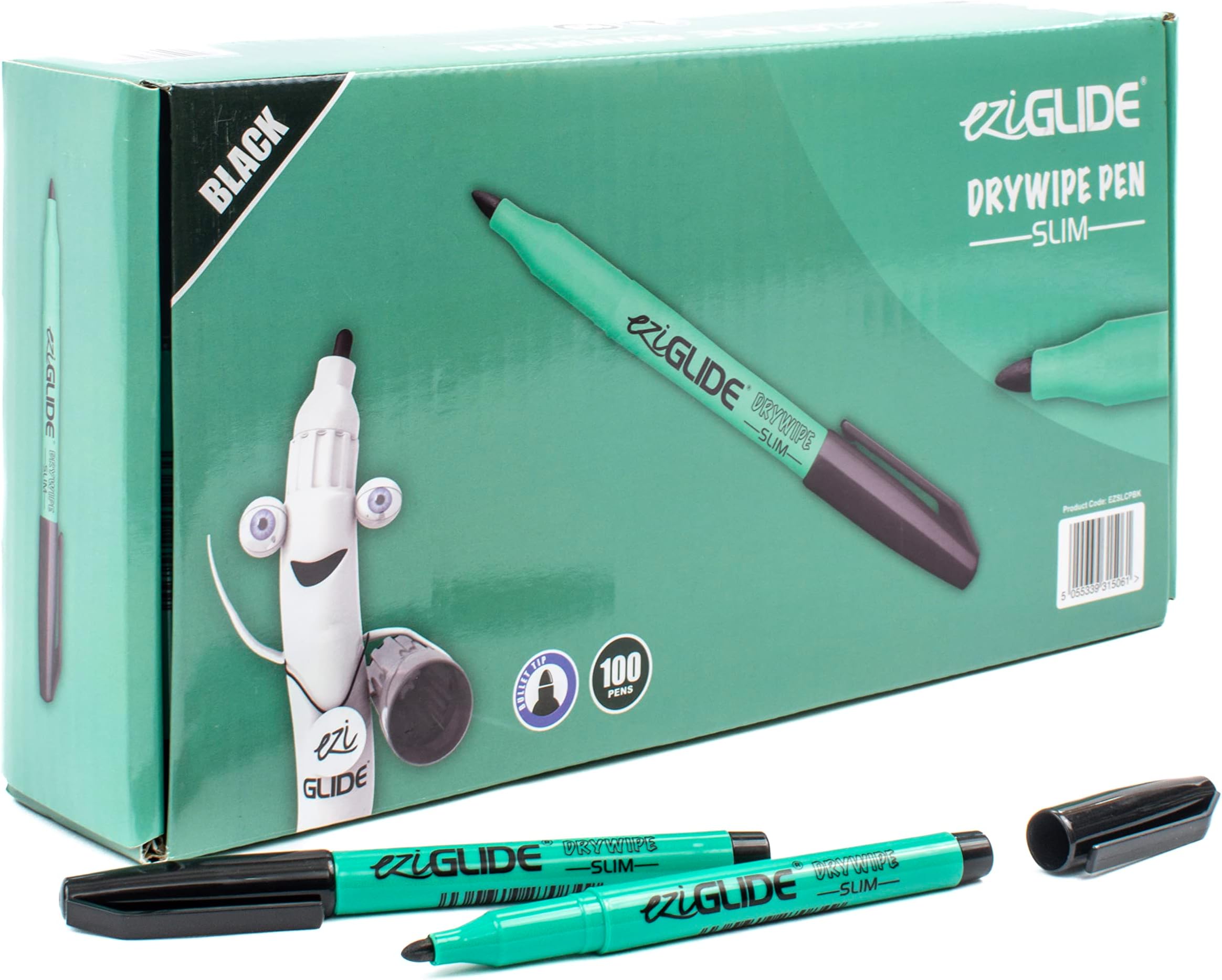 Eziglide Black Whiteboard Pens Slim Barrel, Classpack of 100 Black Ink ...