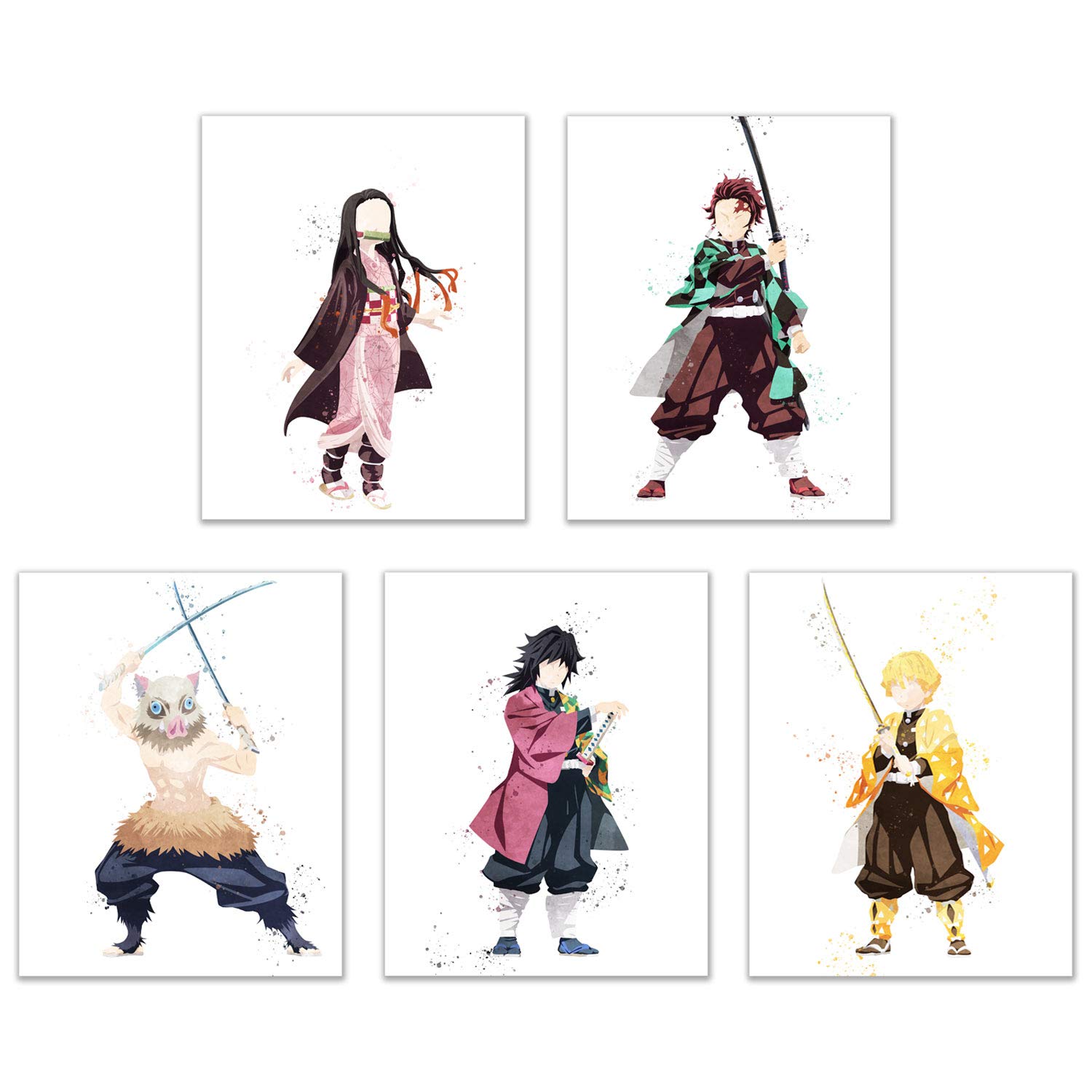 Watercolor Demon Slayer Kimetsu No Yaiba Prints Set Of 5 | Desertcart GB