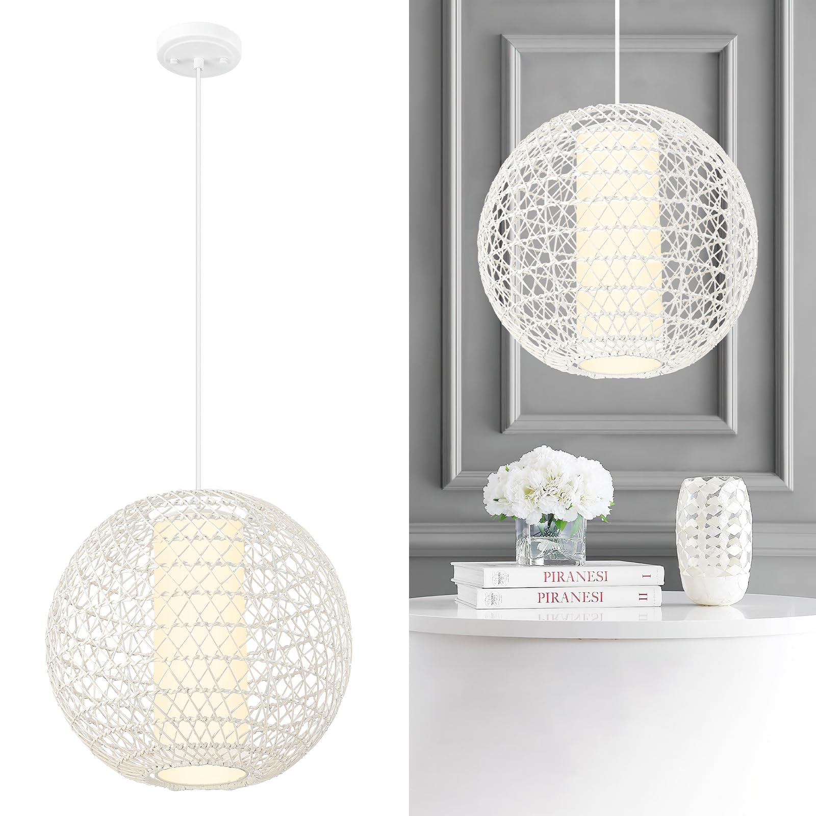 zeyu 1-Light Rattan Hanging Lamp with Built-in White Fabric Lampshade ...