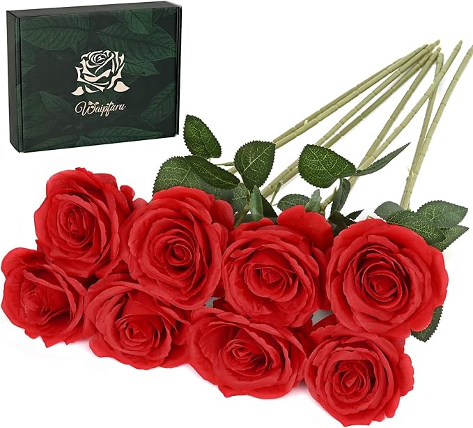 Amazon.com: Waipfaru 8 Pcs Fake Red Roses Artificial Flowers Bulk, Real ...