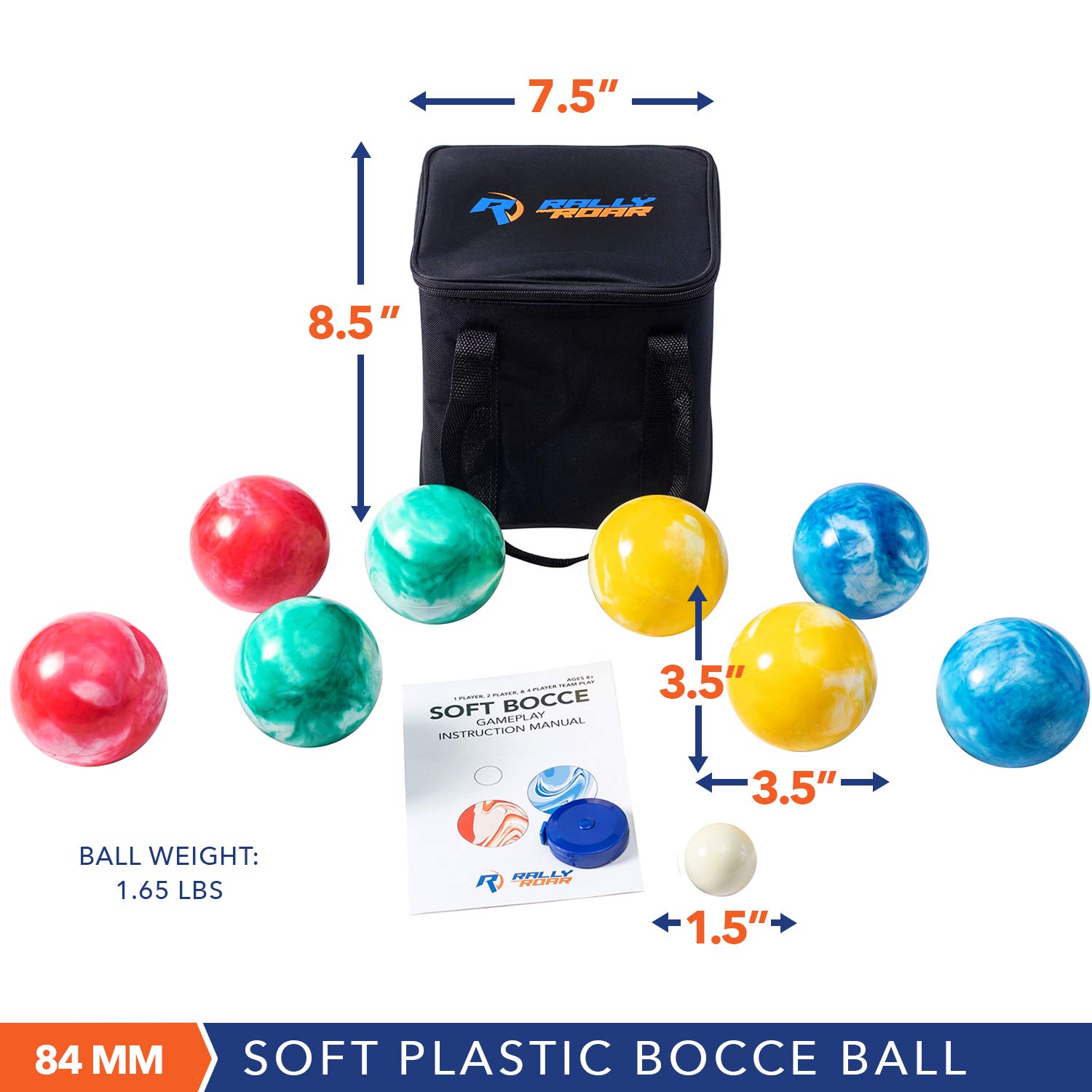 Rally and Roar Soft Rubber Bocce Ball Game Set - 8 Balls, Pallino ...