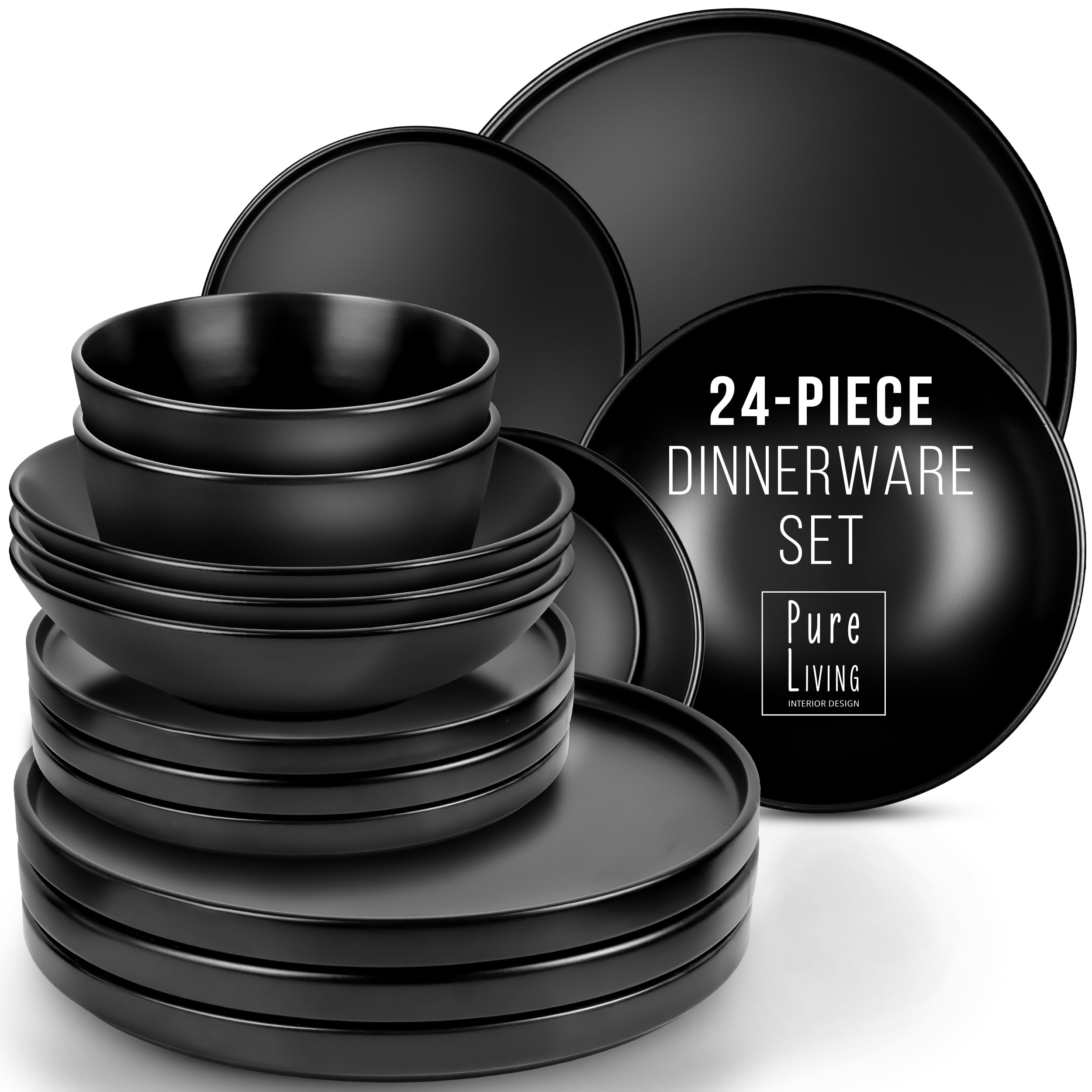 24 Piece Black Dinner Sets for 6 People - Cool Urban Style Stoneware ...