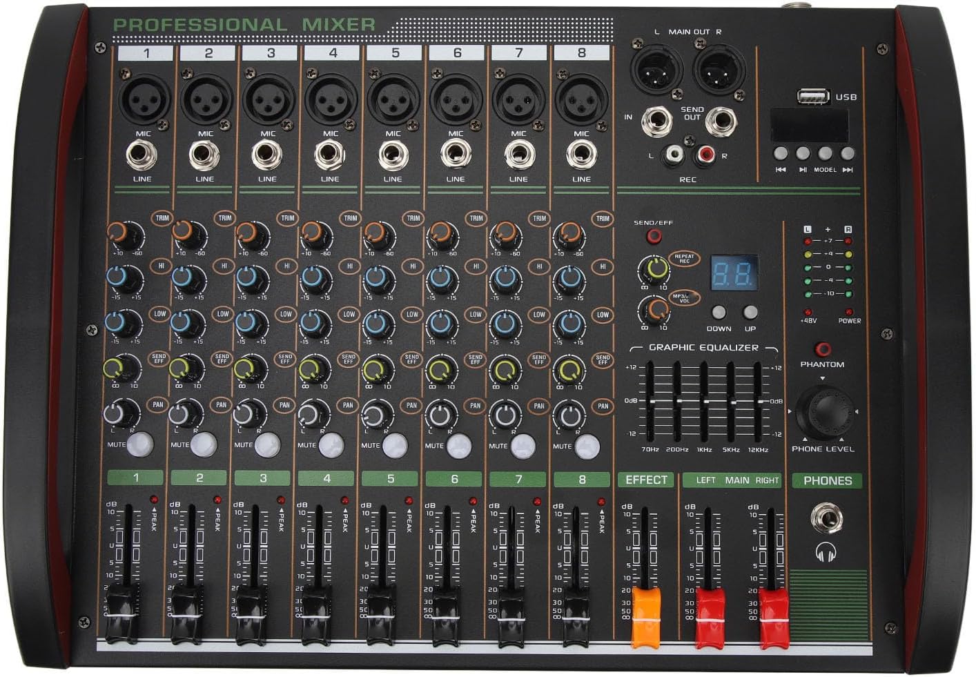 USB Mixer, High School Bass Independent Adjustment 8 Channel Noiseless ...