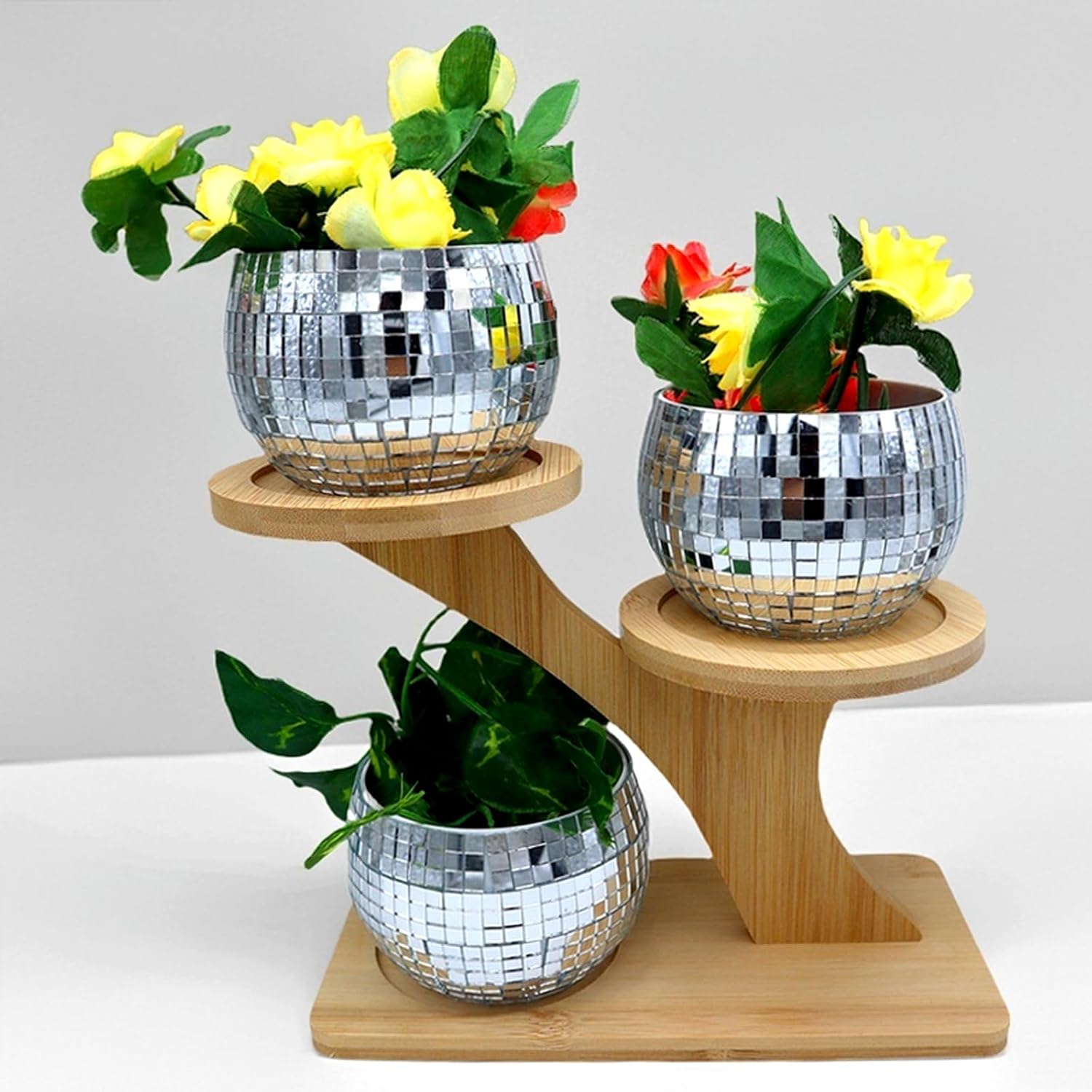 Amazon.com: Set of 3 Small Disco Ball Vase,Disco Ball Planter with Wood ...