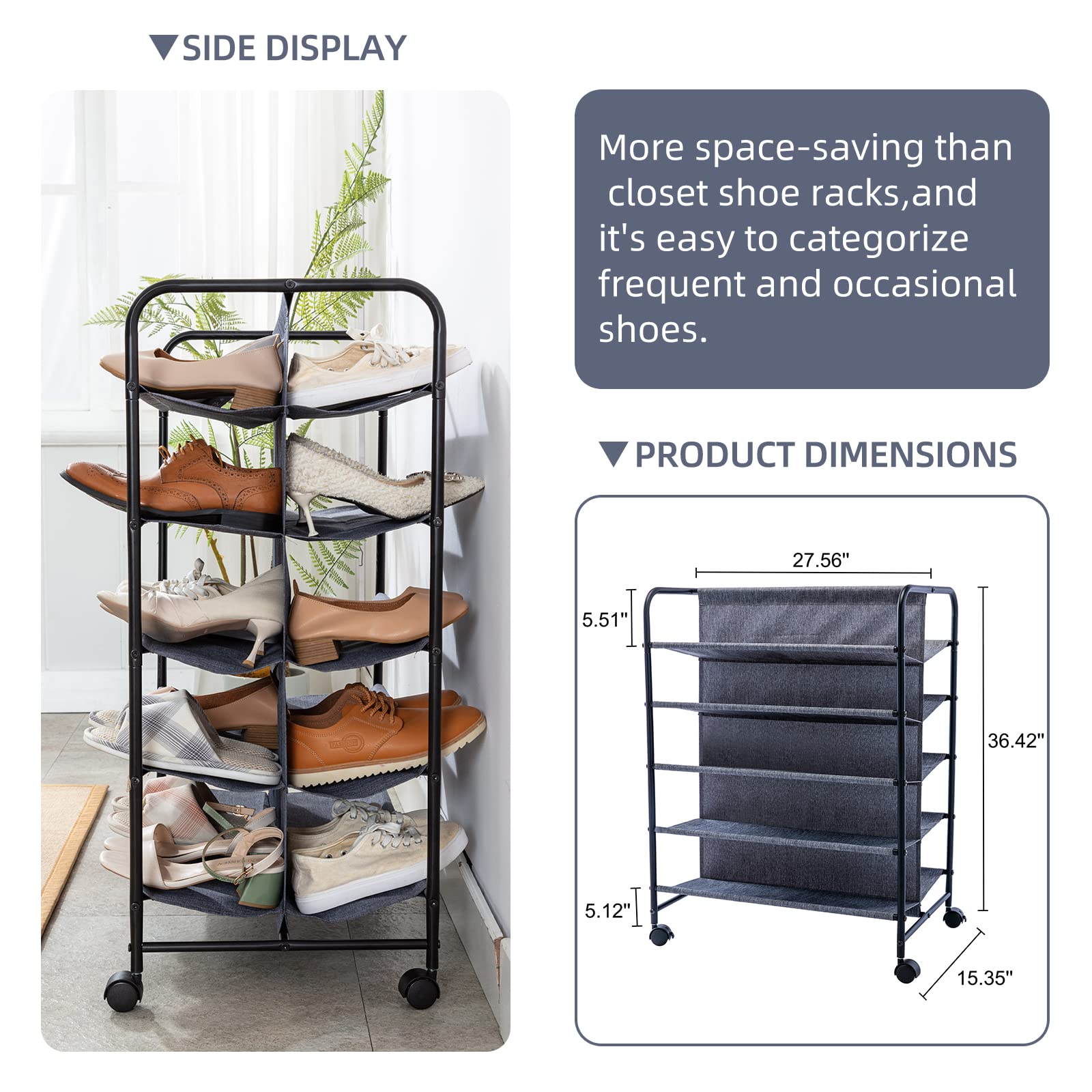 Shoe Rack with Wheels, Double Capacity Rolling Shoe Rack Organizer Up ...