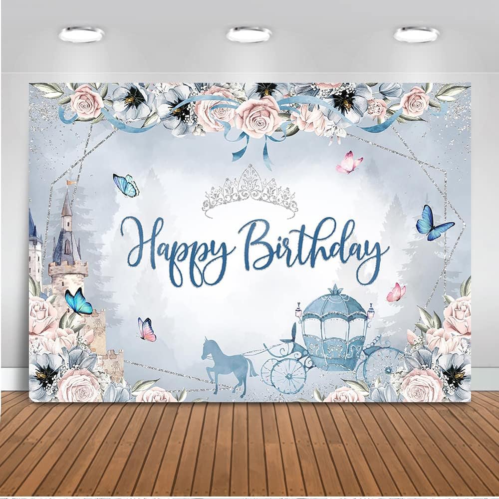 Amazon.com : Mocsicka Blue Princess Birthday Backdrop Floral Castle ...