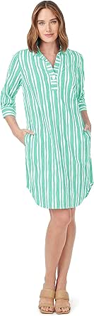 Foxcroft Women's Plus Size Sloane 3/4 Sleeve Beach Stripe Crinkle Dress ...