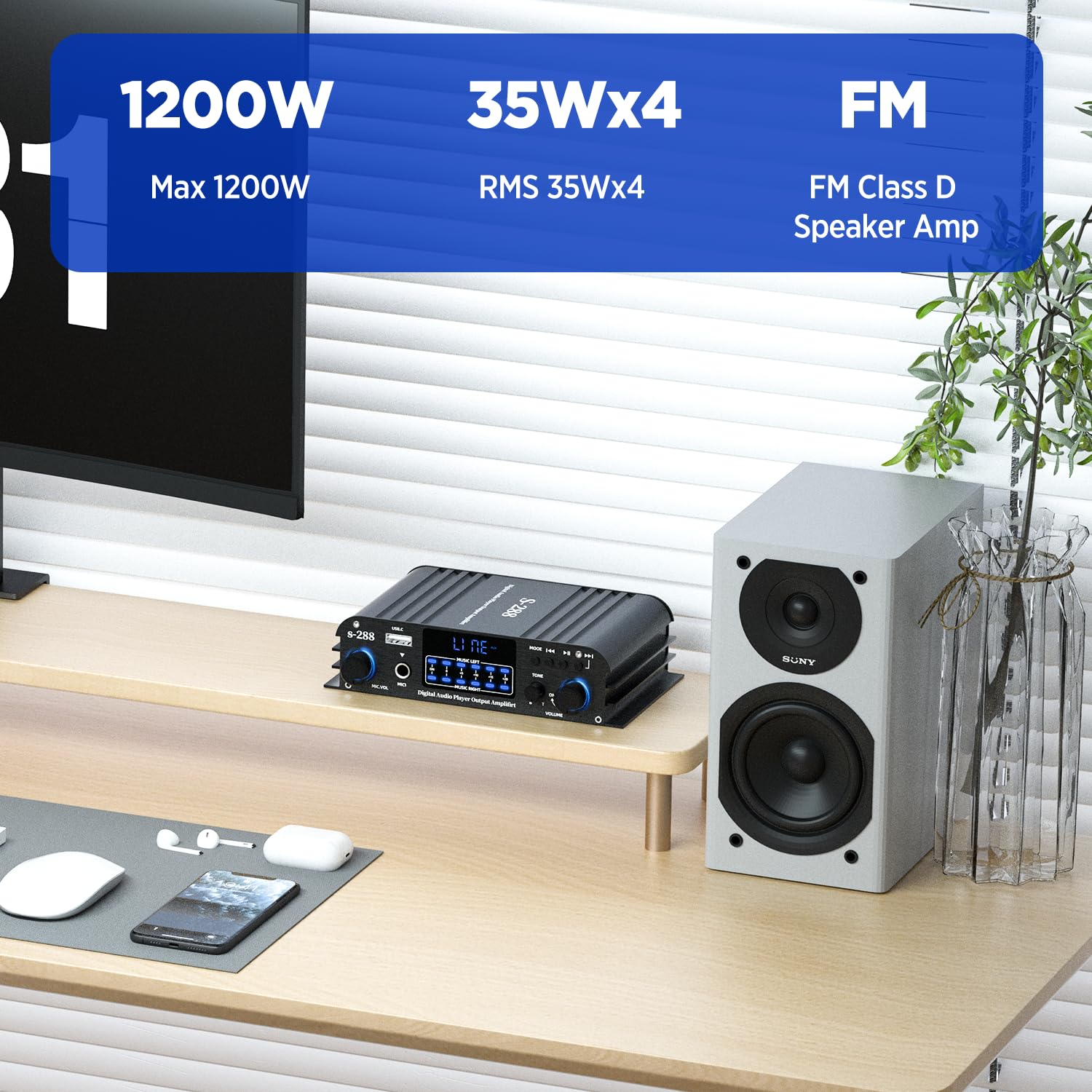 Snapklik.com : 1200W Amplifier Home Audio 4 Channel, Bluetooth5.0 Small ...