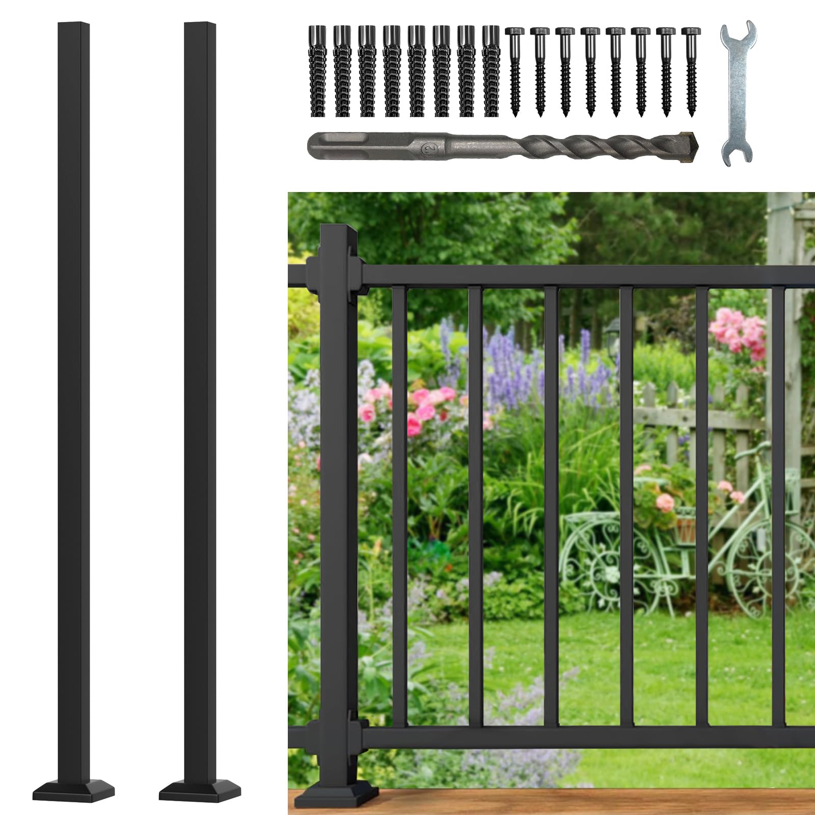 60” Fence & Rail Handrail Post, 2PCS Metal Railing Post with Bracket ...
